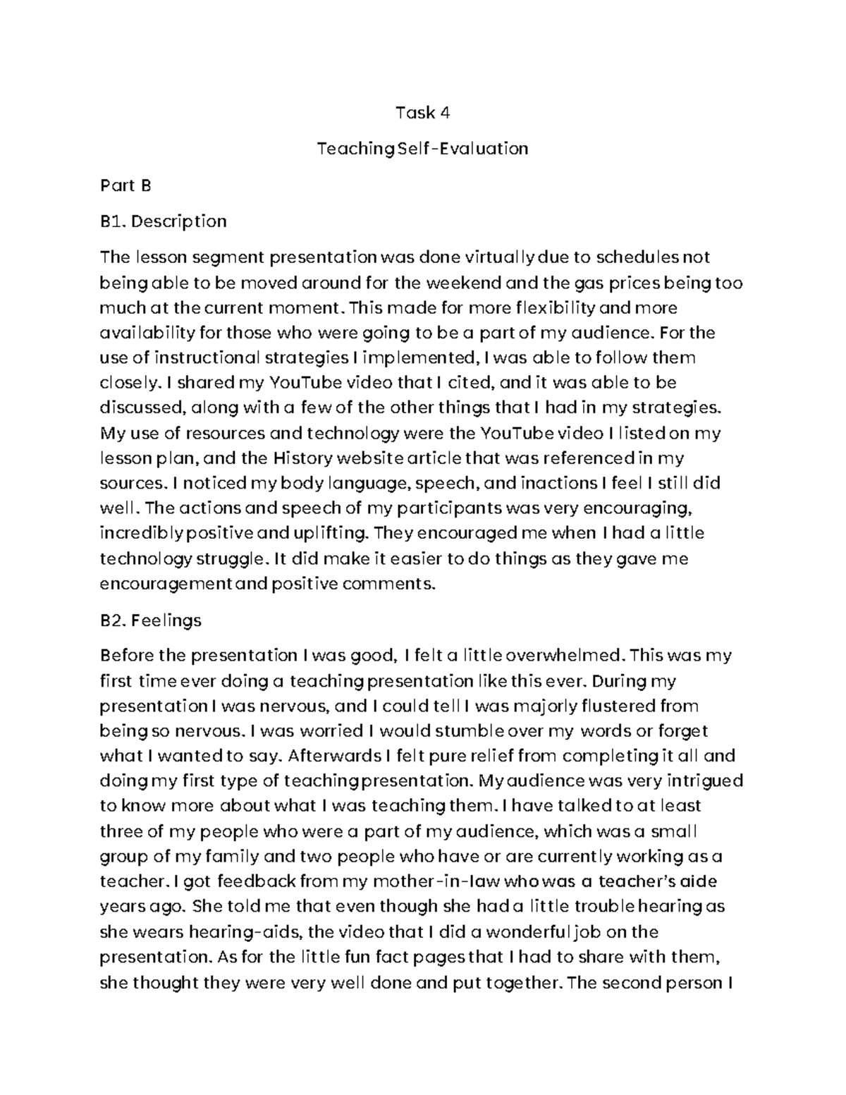 Task four assignment - n/a - Task 4 Teaching Self-Evaluation Part B B1 ...