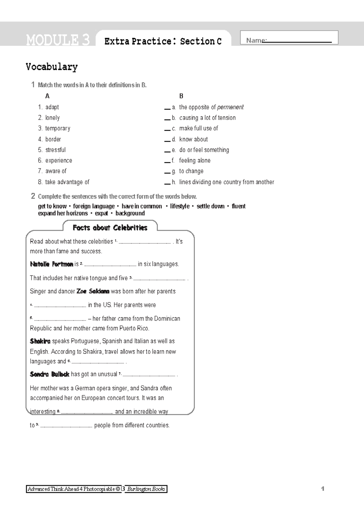 03advancedthinkahead 4 xprac mod3c - Vocabulary 1 Match the words in A ...