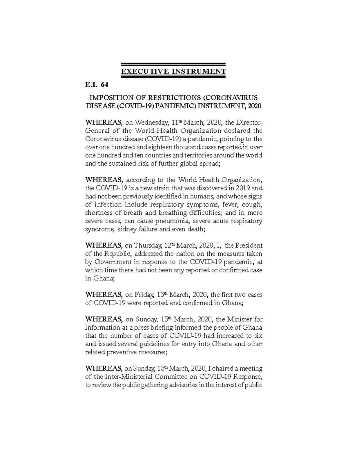 Executive Instrument on Covid - E. 64 EXECUTIVE INSTRUMENT IMPOSITION ...