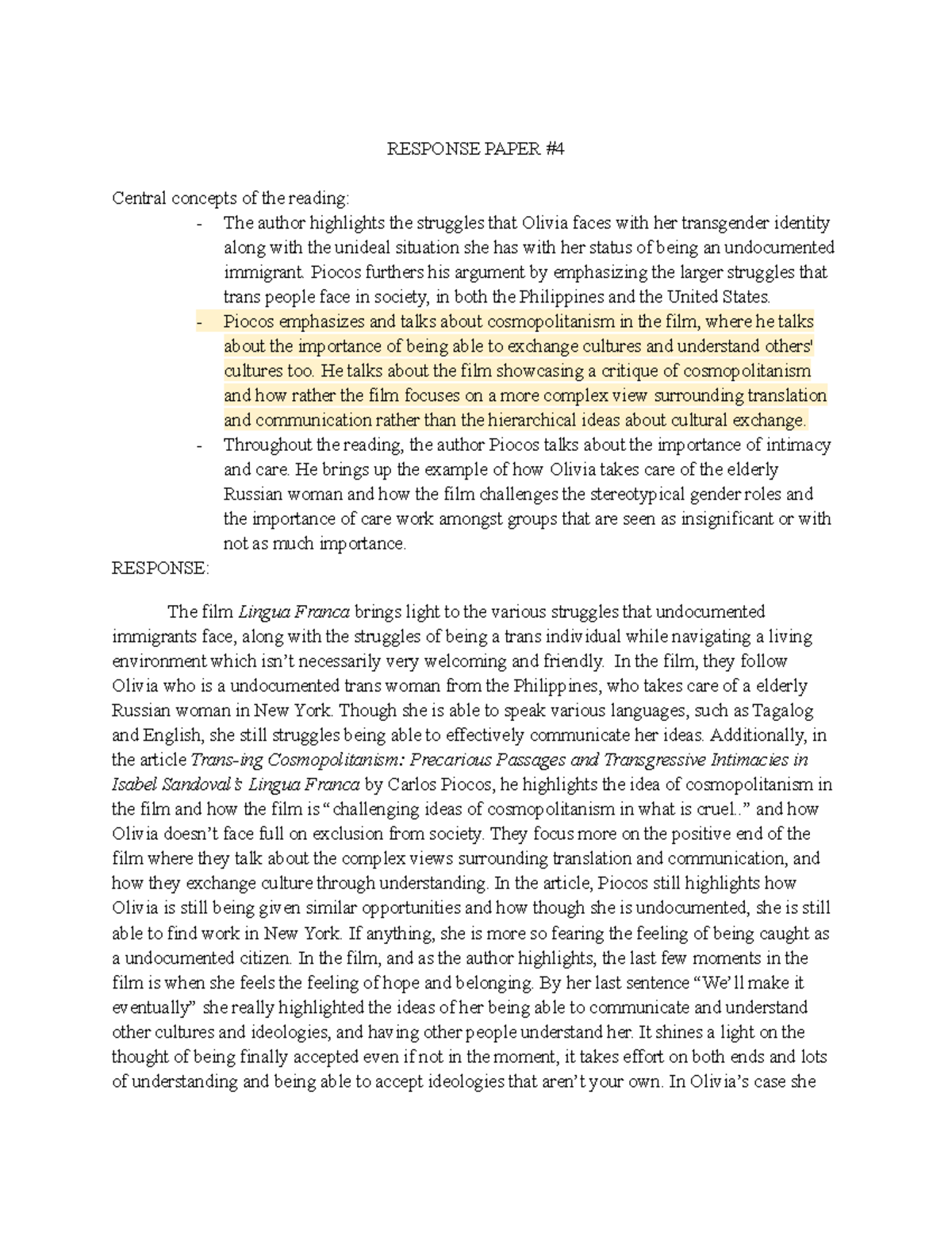 Response Paper #4 - RESPONSE PAPER Central concepts of the reading ...