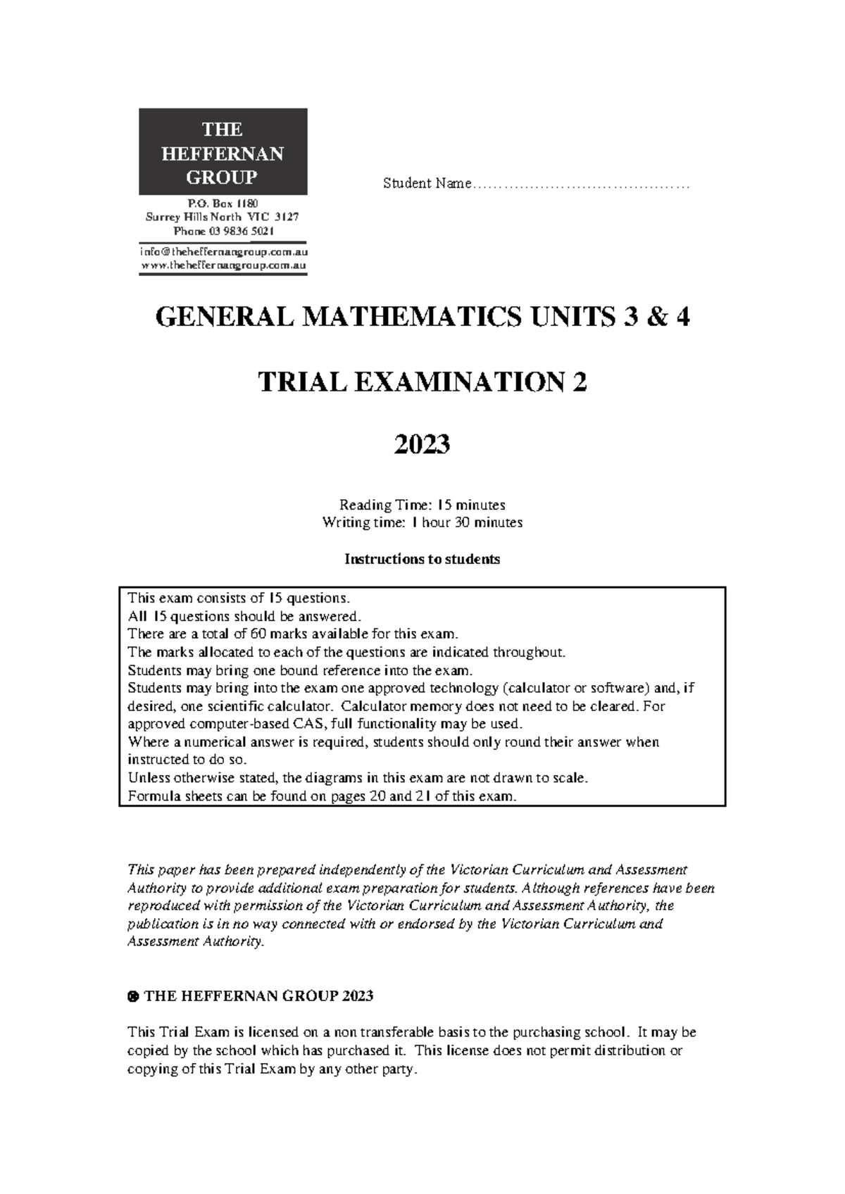 2023 General Maths Units 3 & 4 Exam 2 - ####### `` Student - Studocu