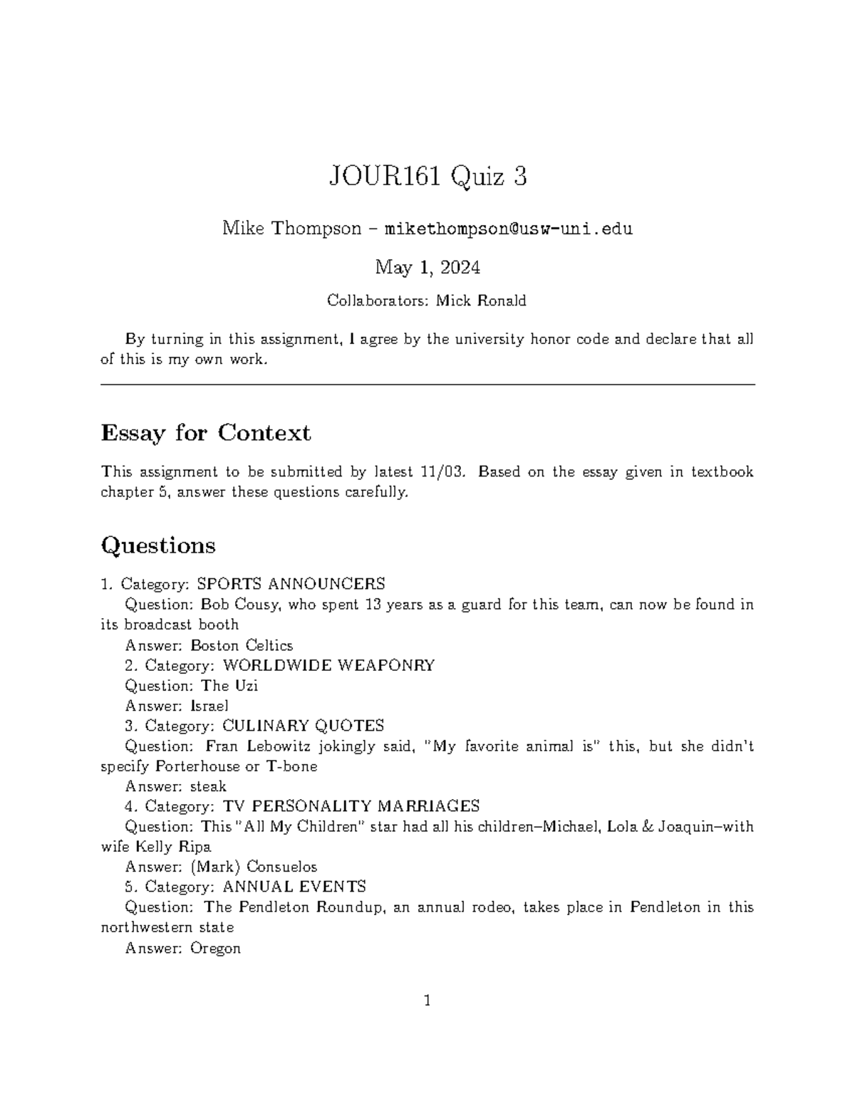 JOUR161 Quiz 3 - Examines the relationship between sports and ...