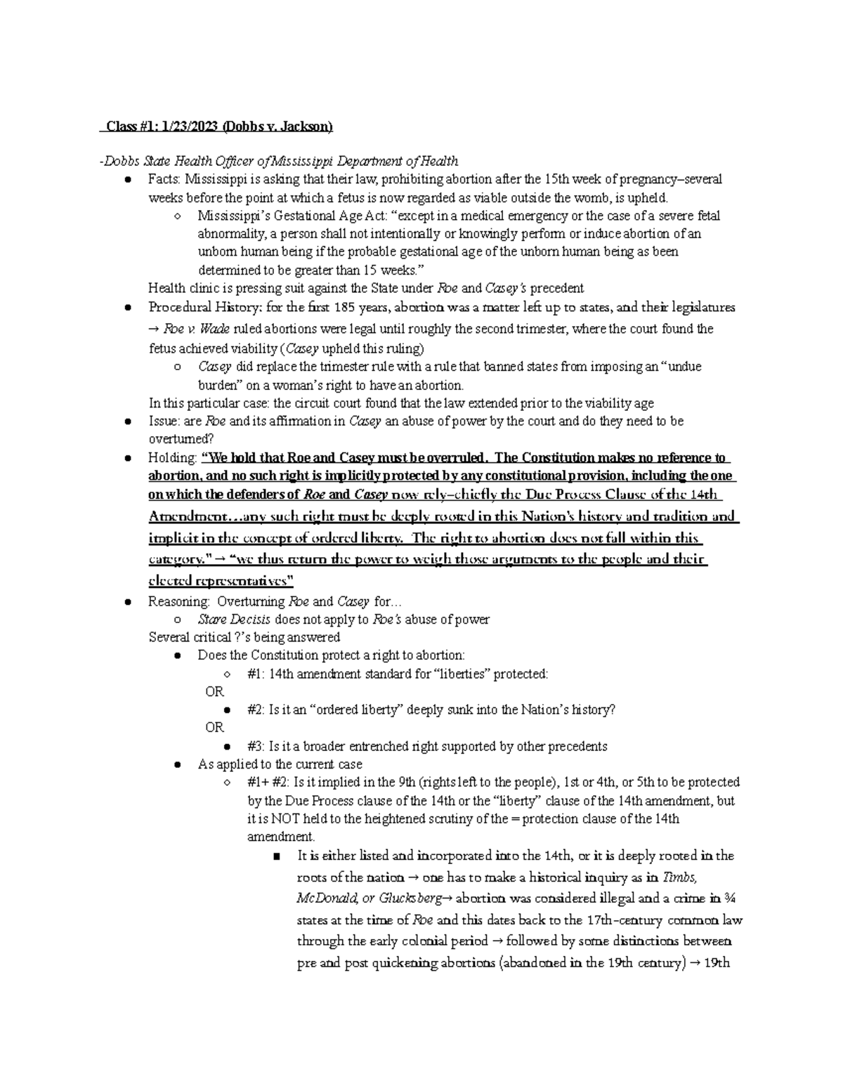 Conlaw reading notes - Class #1: 1/23/2023 (Dobbs v. Jackson) Dobbs ...