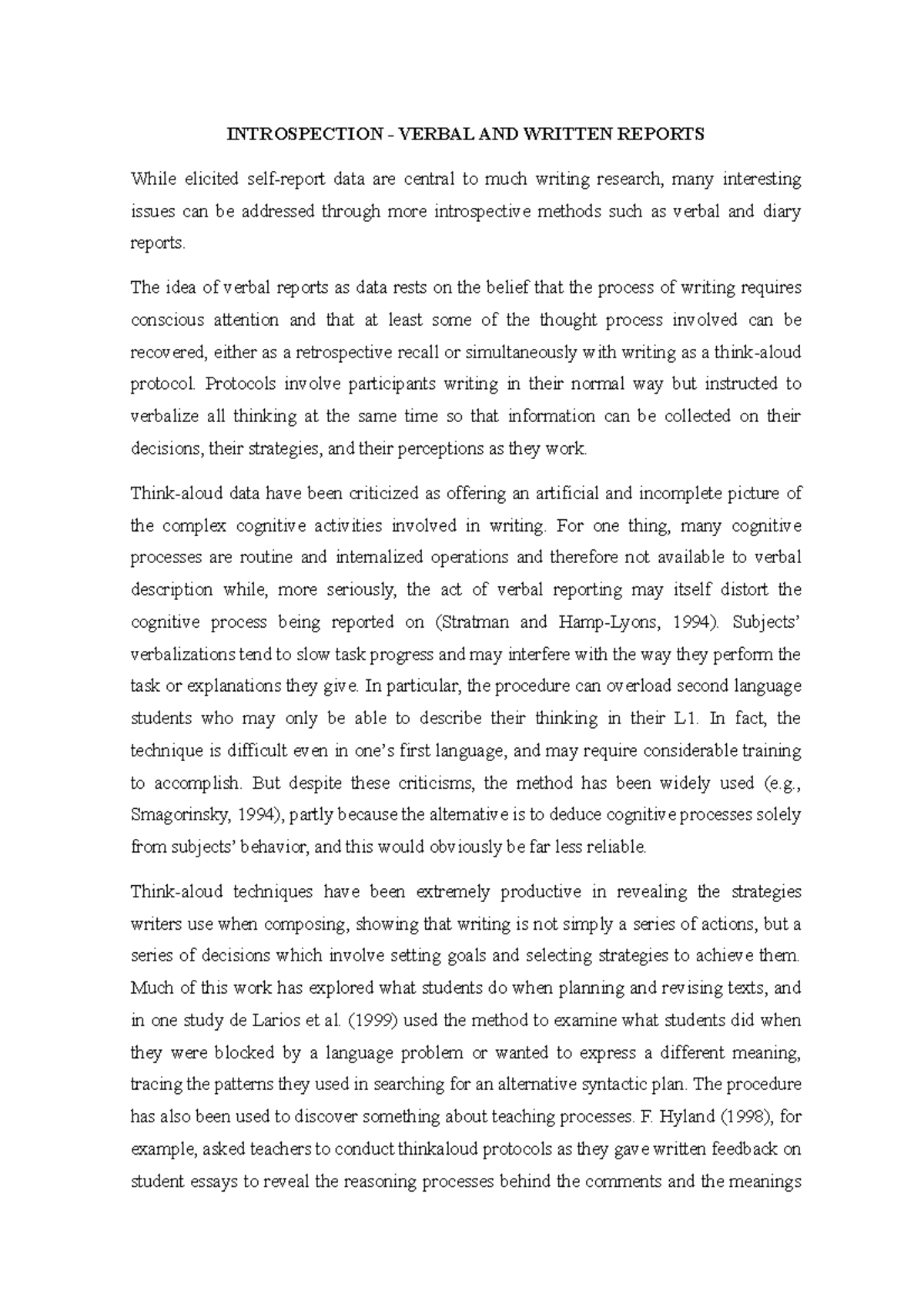 Introspection - Verbal AND Written Reports - INTROSPECTION - VERBAL AND ...