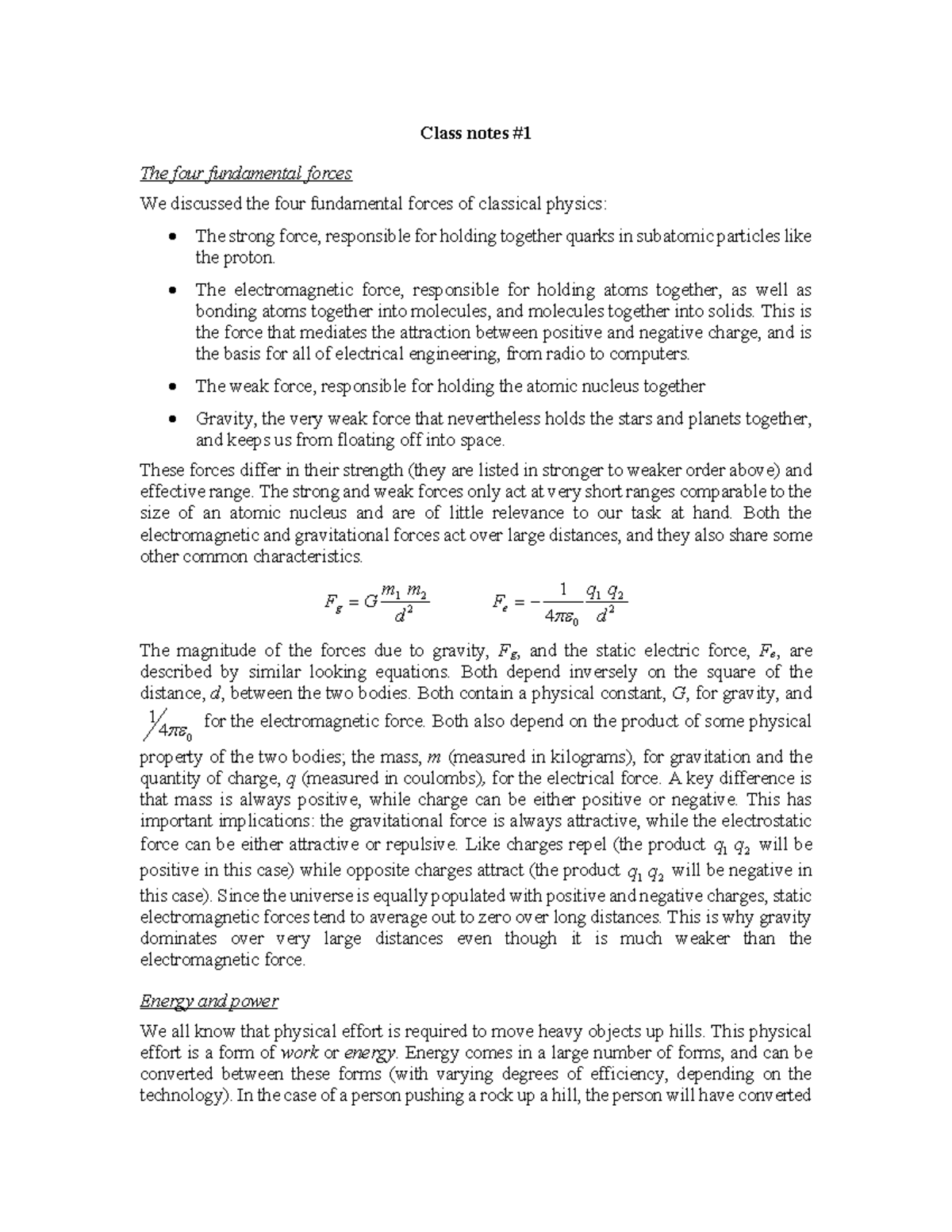 Notes 1 (units) - N/A - Class notes # The four fundamental forces We ...