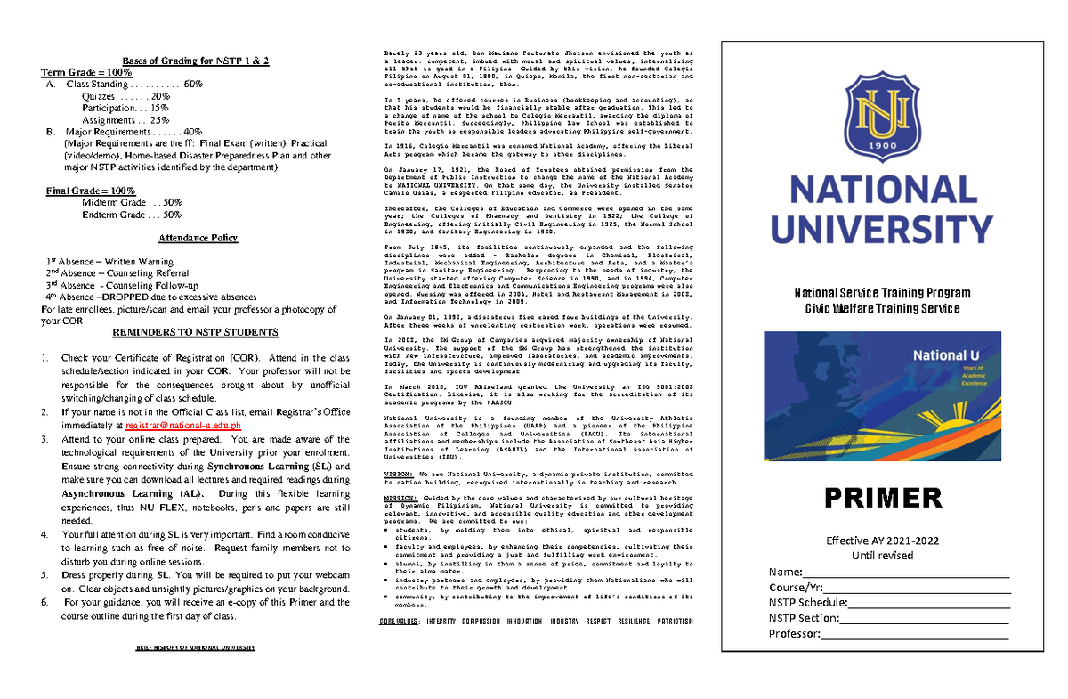 Week1-NSTP Primer 2021 - Bases of Grading for NSTP 1 & 2 Term Grade ...