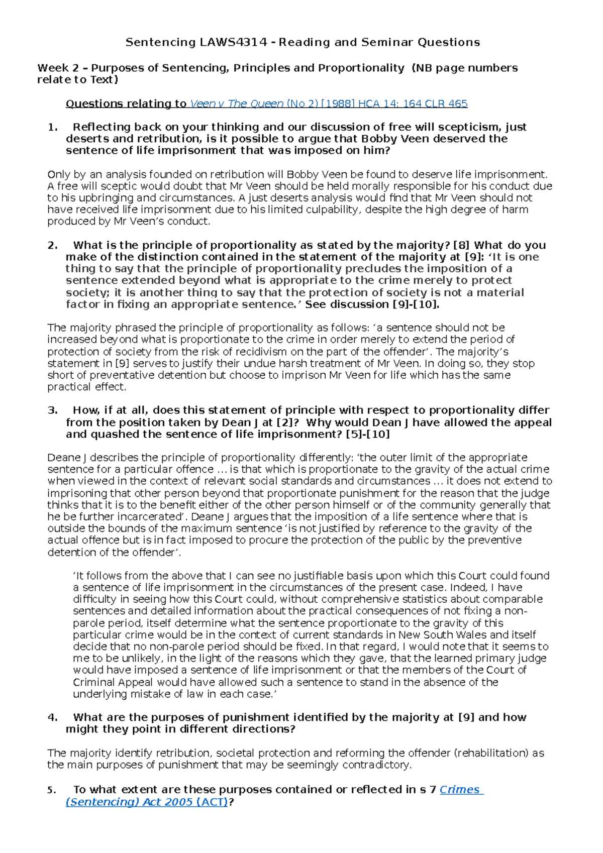 Week 2 - Purposes of Sentencing, Principles and Proportionality ...