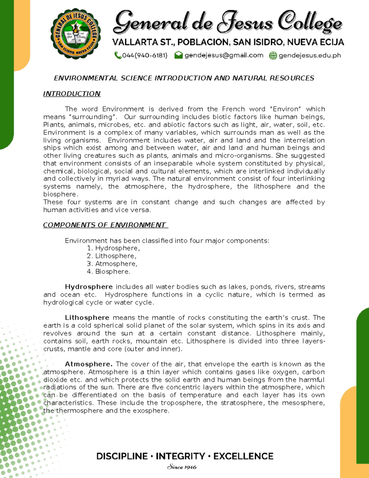 Sample-Written-Report - ENVIRONMENTAL SCIENCE INTRODUCTION AND NATURAL ...