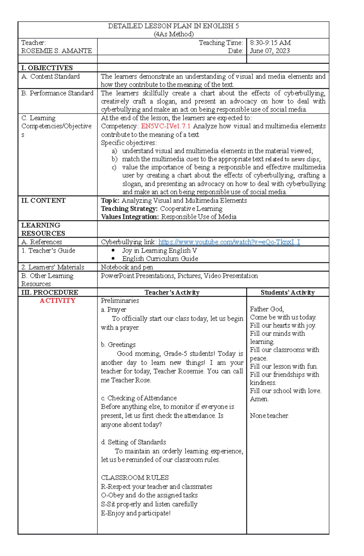 Detailed Lesson PLAN IN English 5 - DETAILED LESSON PLAN IN ENGLISH 5 ...