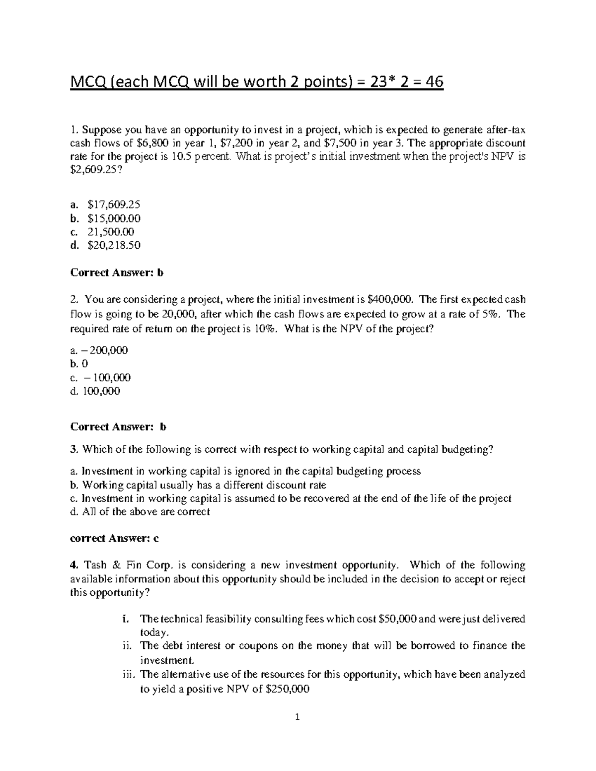 FNCE 3227 Final Exam Solution, Fall 2020 - MCQ (each MCQ will be worth ...