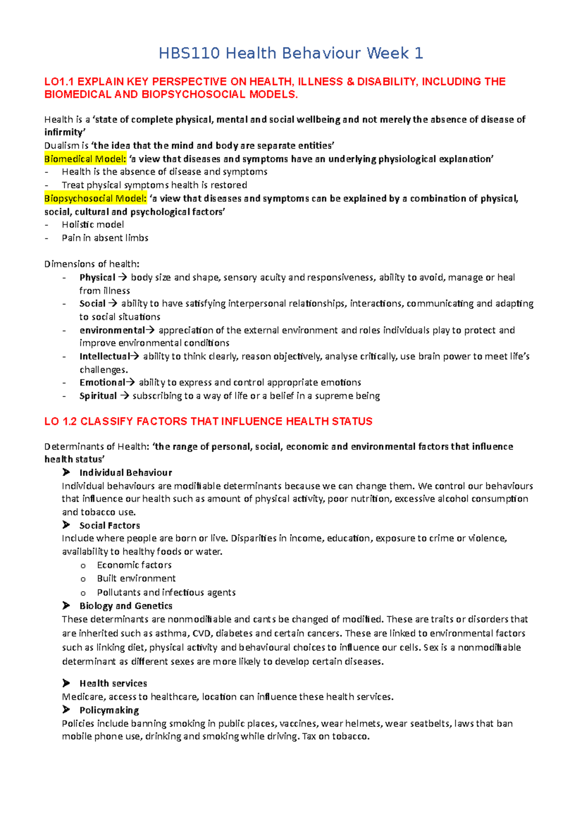 HBS110 Health Behaviour Week 1 - Health is a ‘state of complete ...