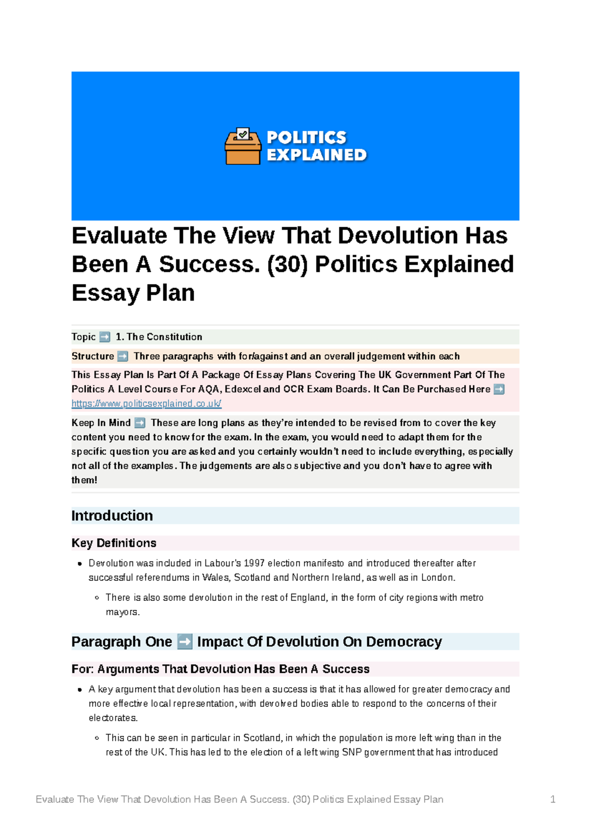 Evaluate The View That Devolution Has Been A Success. (30) Politics Explained Essay Plan ...