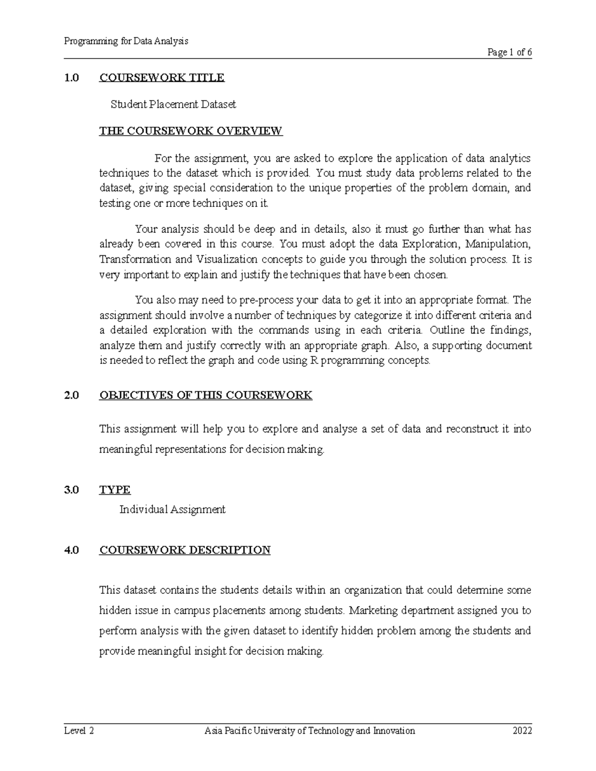 Assignment Question - Page 1 of 6 1 COURSEWORK TITLE Student Placement ...