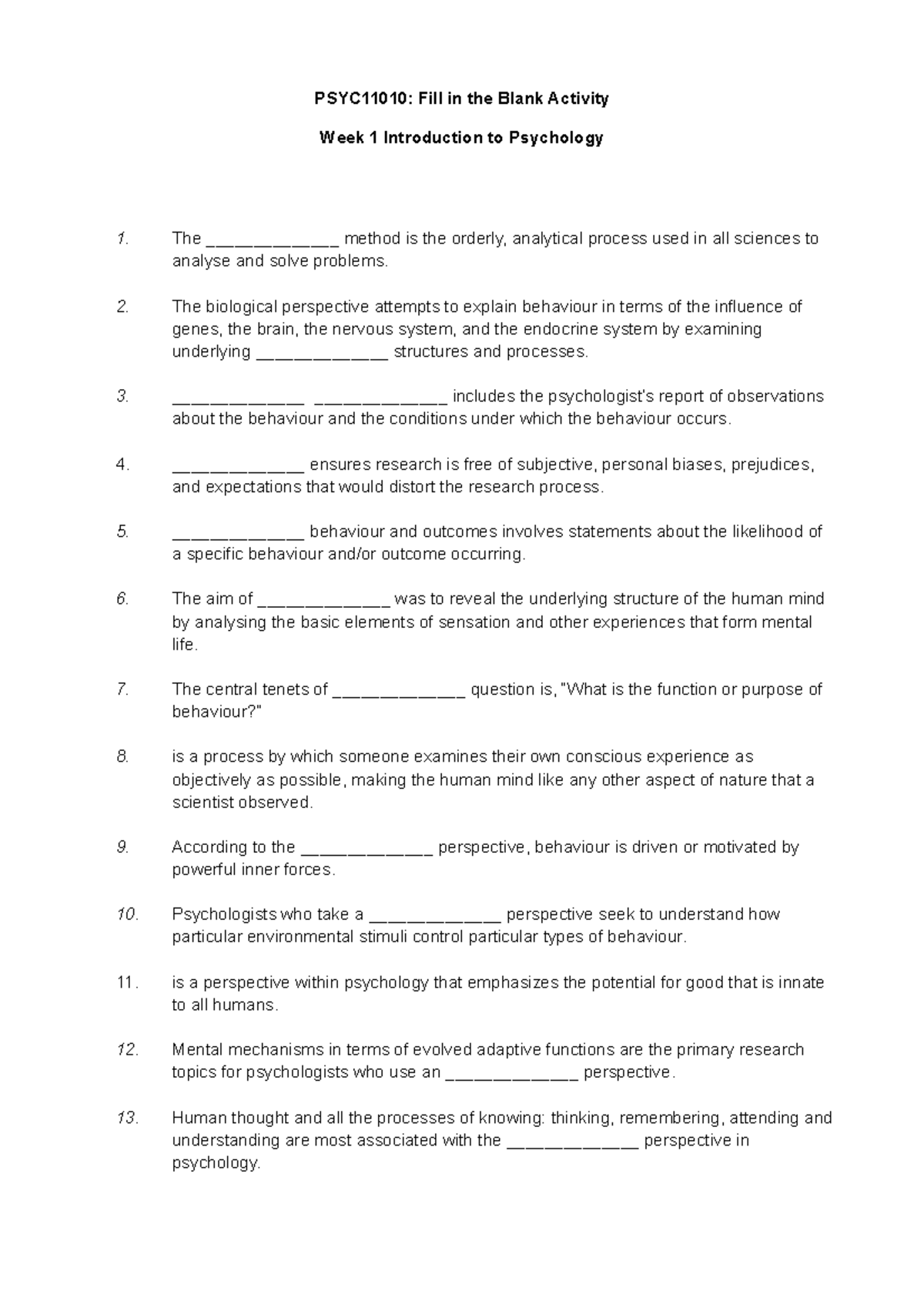 Fill in the Blanks Week 1 - PSYC11010: Fill in the Blank Activity Week ...