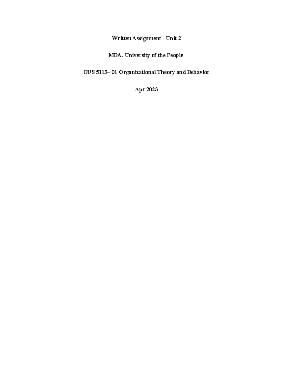 Written Assignment Unit 2 Written Assignment Unit 2 Mba University