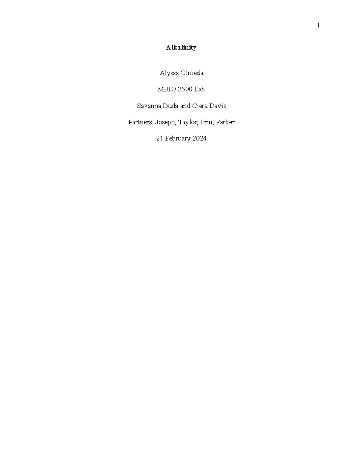 Lab Report 3 Alkalinity - Alkalinity Alyssa Olmeda MBIO 2500 Lab ...
