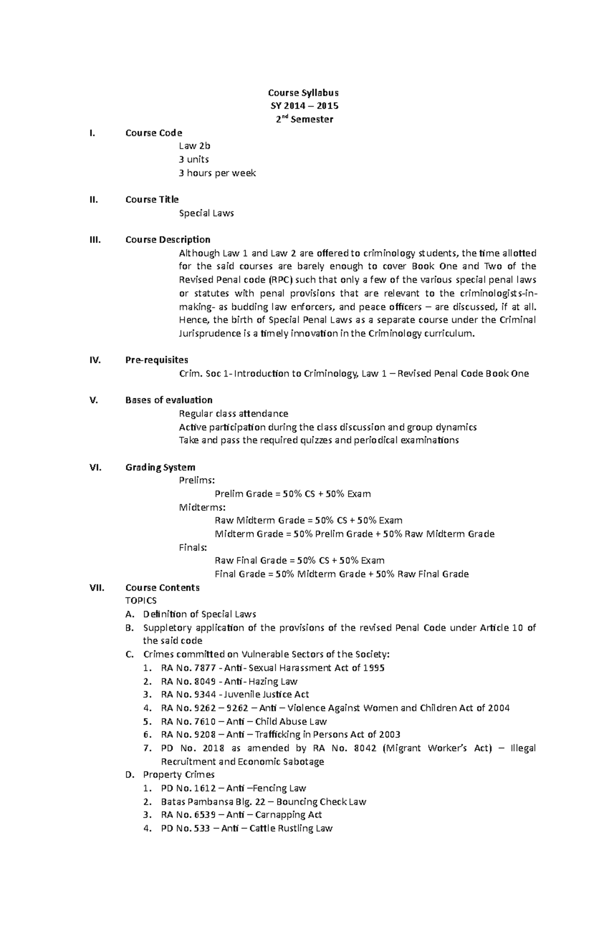 LAW 2B Syllabus - Course Syllabus SY 2014 – 2015 2 nd Semester I ...