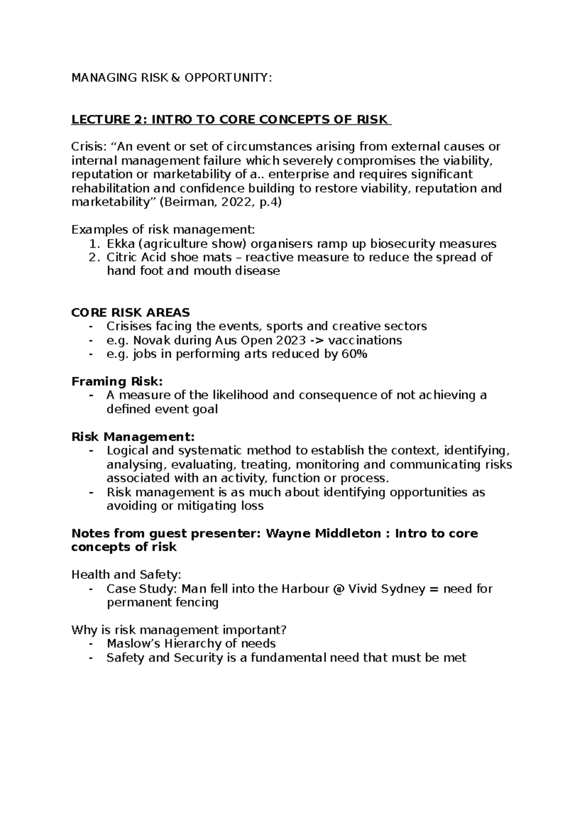 Managing RISK Notes - MANAGING RISK & OPPORTUNITY: LECTURE 2: INTRO TO ...
