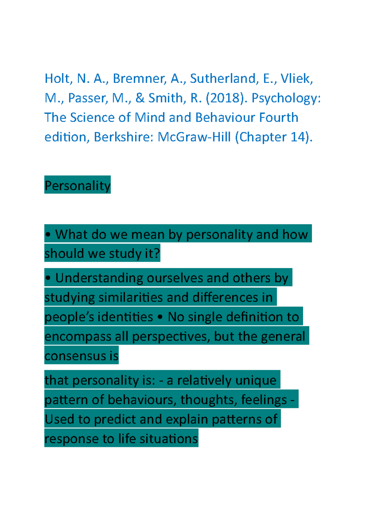 Personality complete - Lecture notes 05/03/21 - Holt, N. A., Bremner, A ...