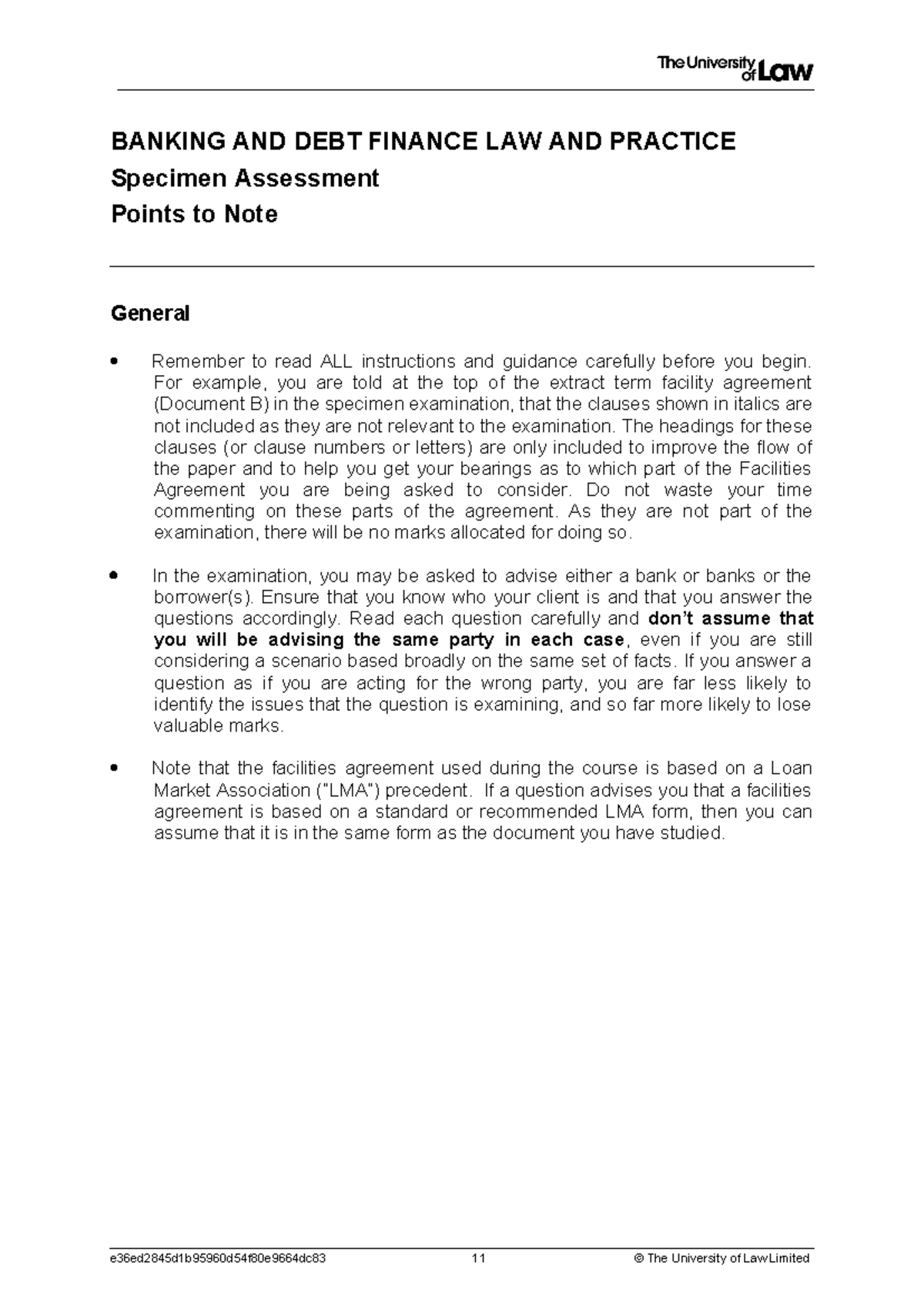 Points to Note - BANKING AND DEBT FINANCE LAW AND PRACTICE Specimen ...