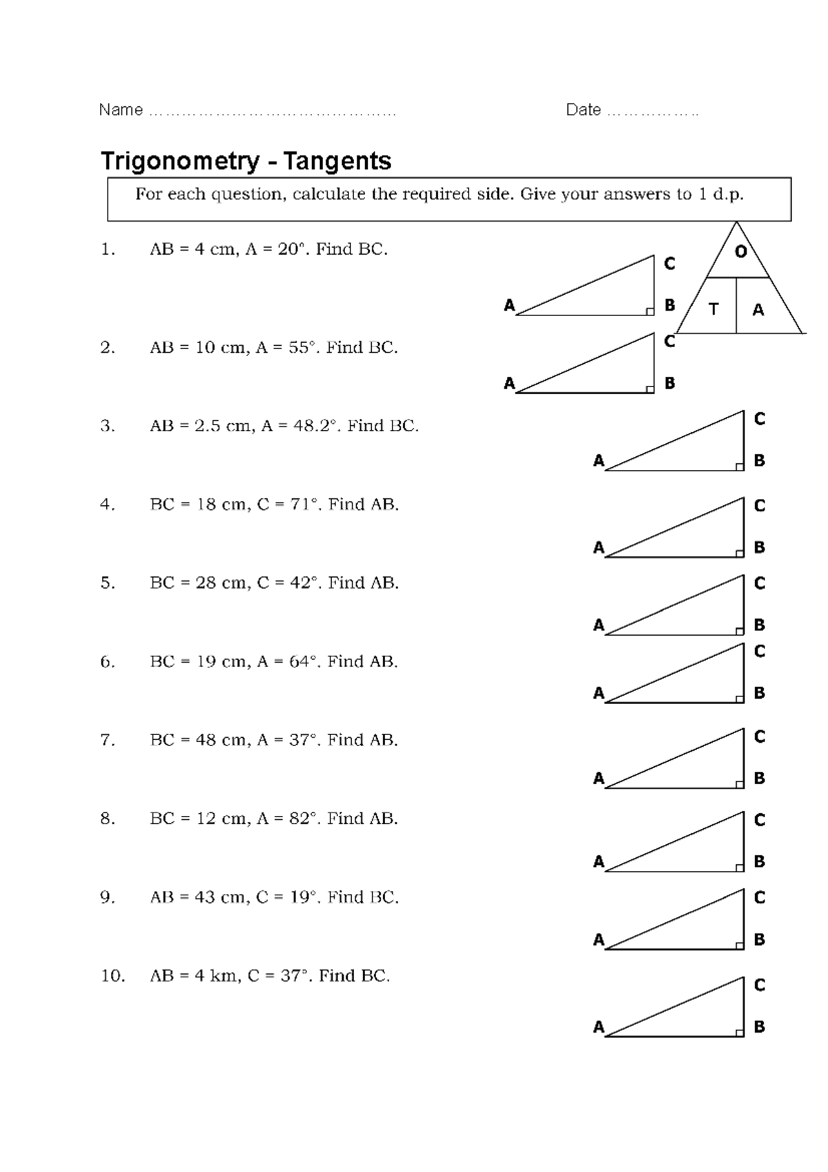 Trigonometry - Tangents Worksheet Week 11 - Name