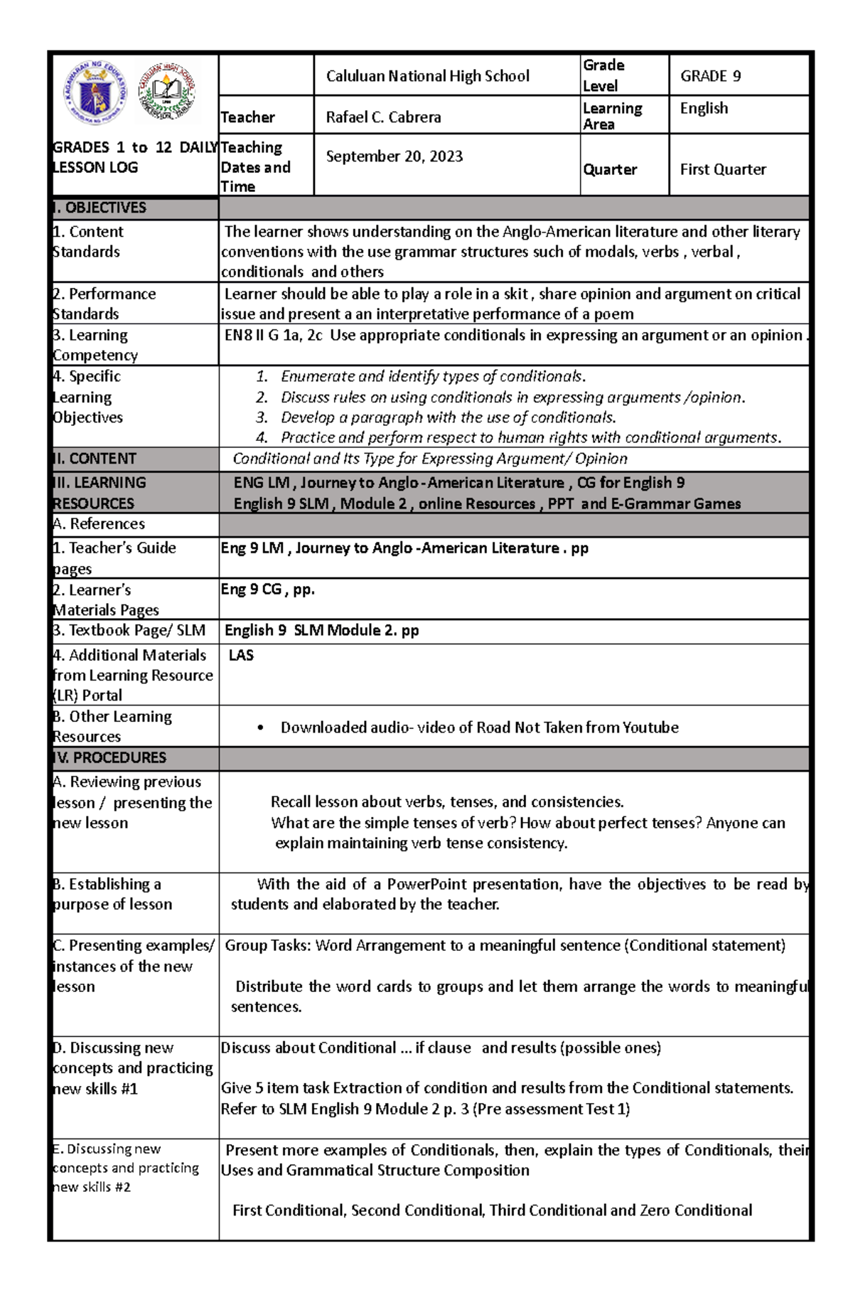 DLP English 9 - n/a - GRADES 1 to 12 DAILY LESSON LOG Caluluan National ...
