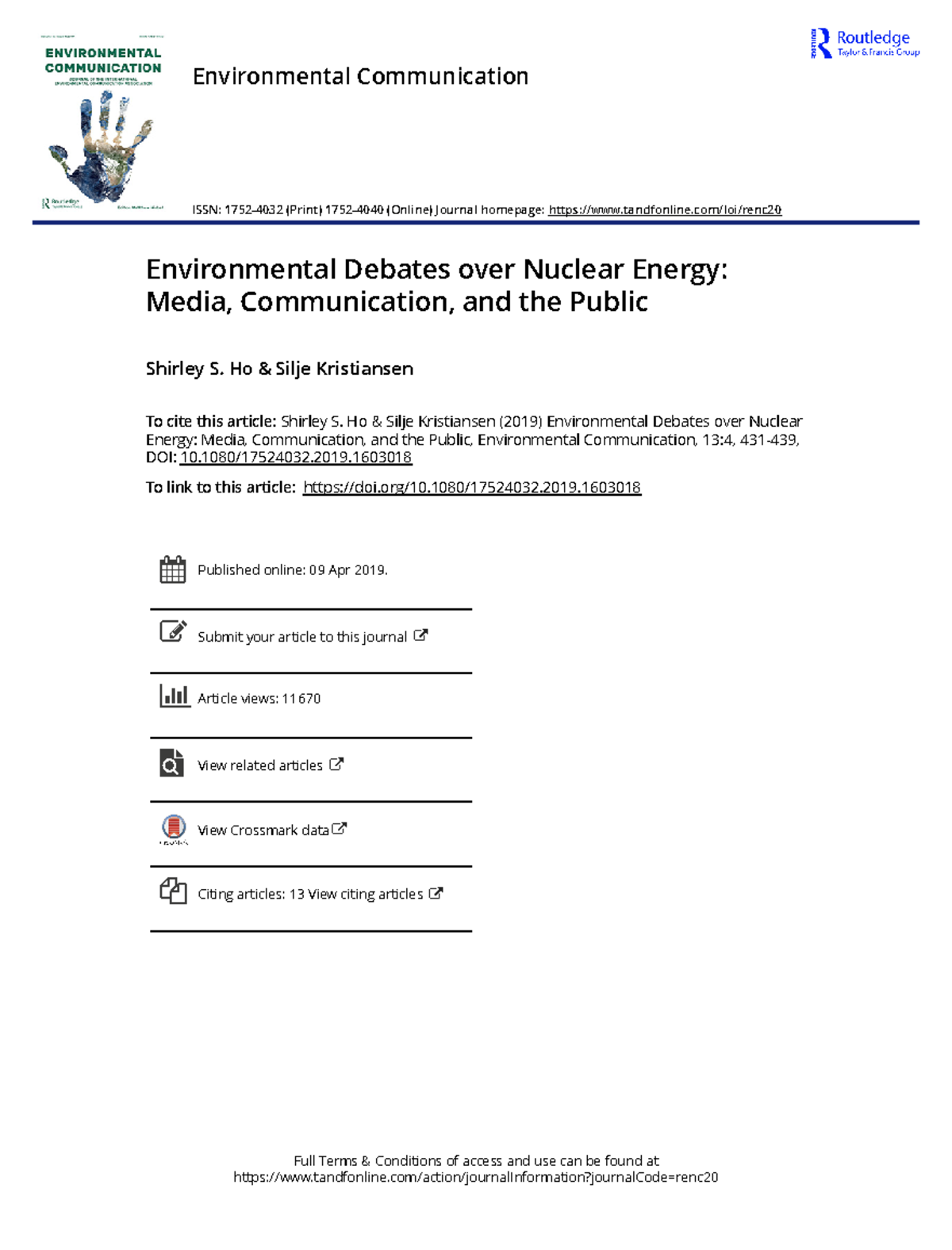 Environmental Debates over Nuclear Energy Media Communication and the ...