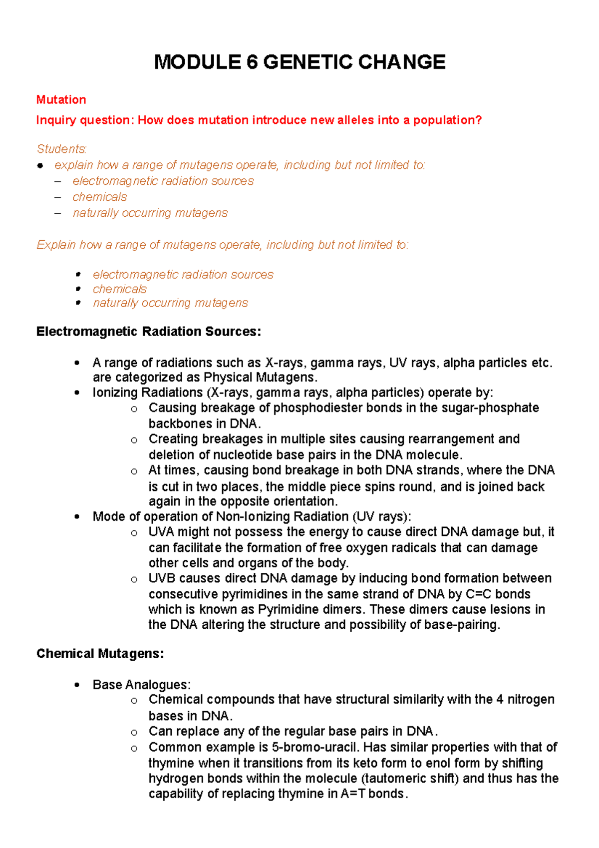 Module 6 Summary Notes - MODULE 6 GENETIC CHANGE Mutation Inquiry ...