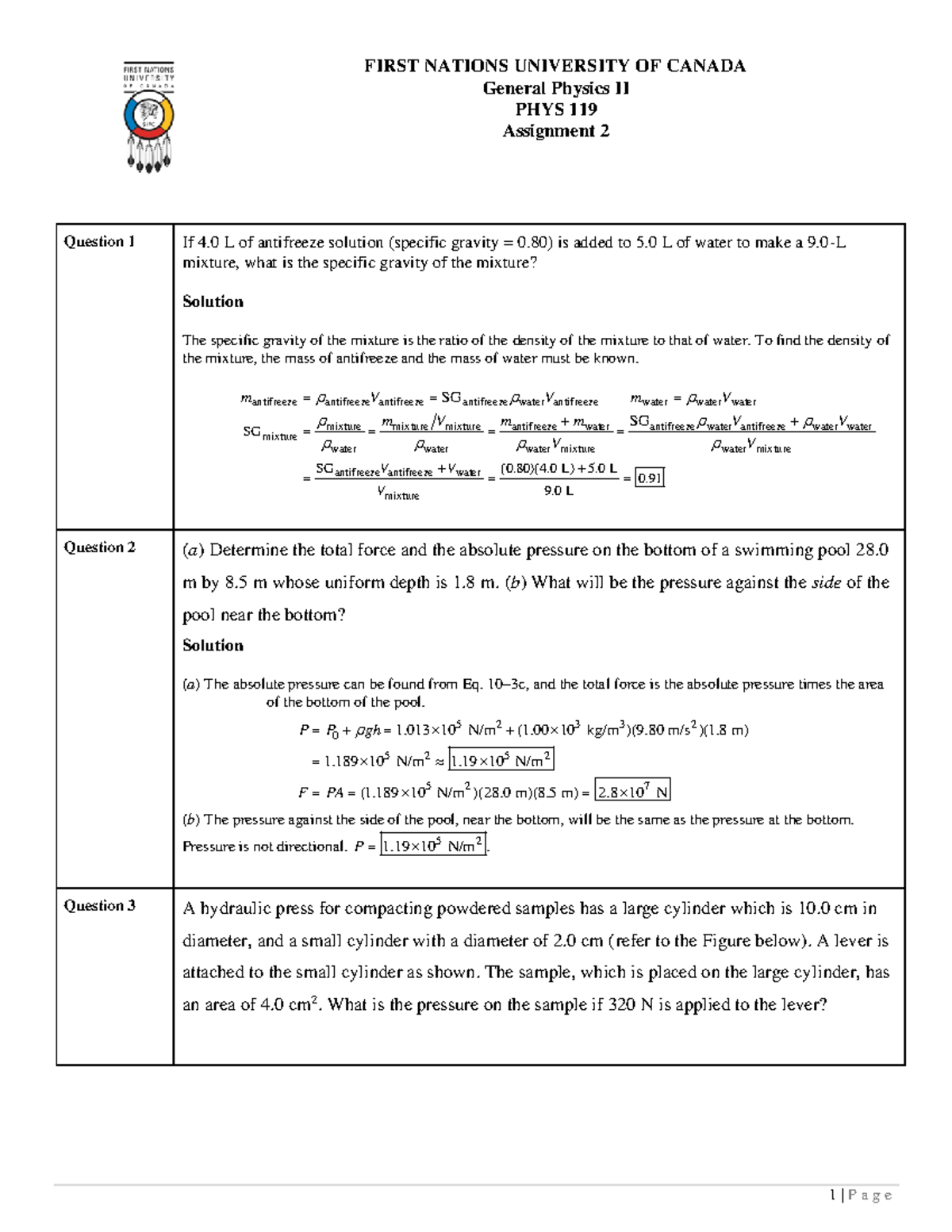 PHYS119 asst2 202230 soln - General Physics II PHYS 119 Assignment 2 Question 1 If 4 L of ...