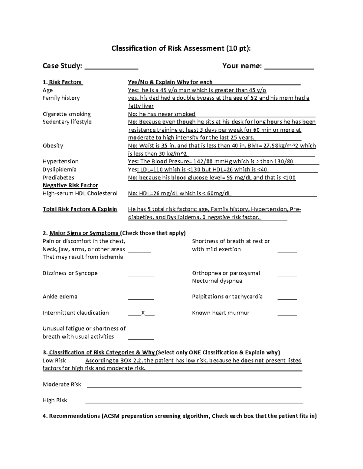 Case Study Answer Sample - Classification of Risk Assessment ( 10 pt ...
