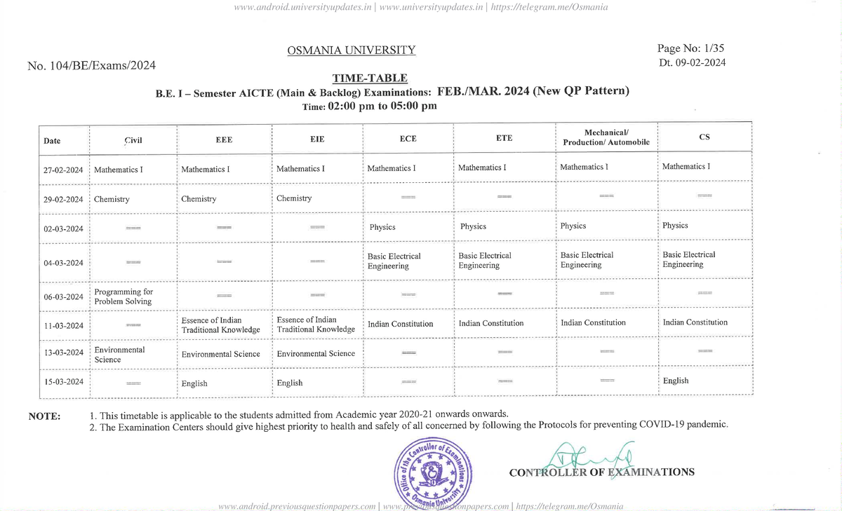 OU BE Aicte Time Table Feb March 2024 - OSMANIA UNIVERSITY Page No: No ...