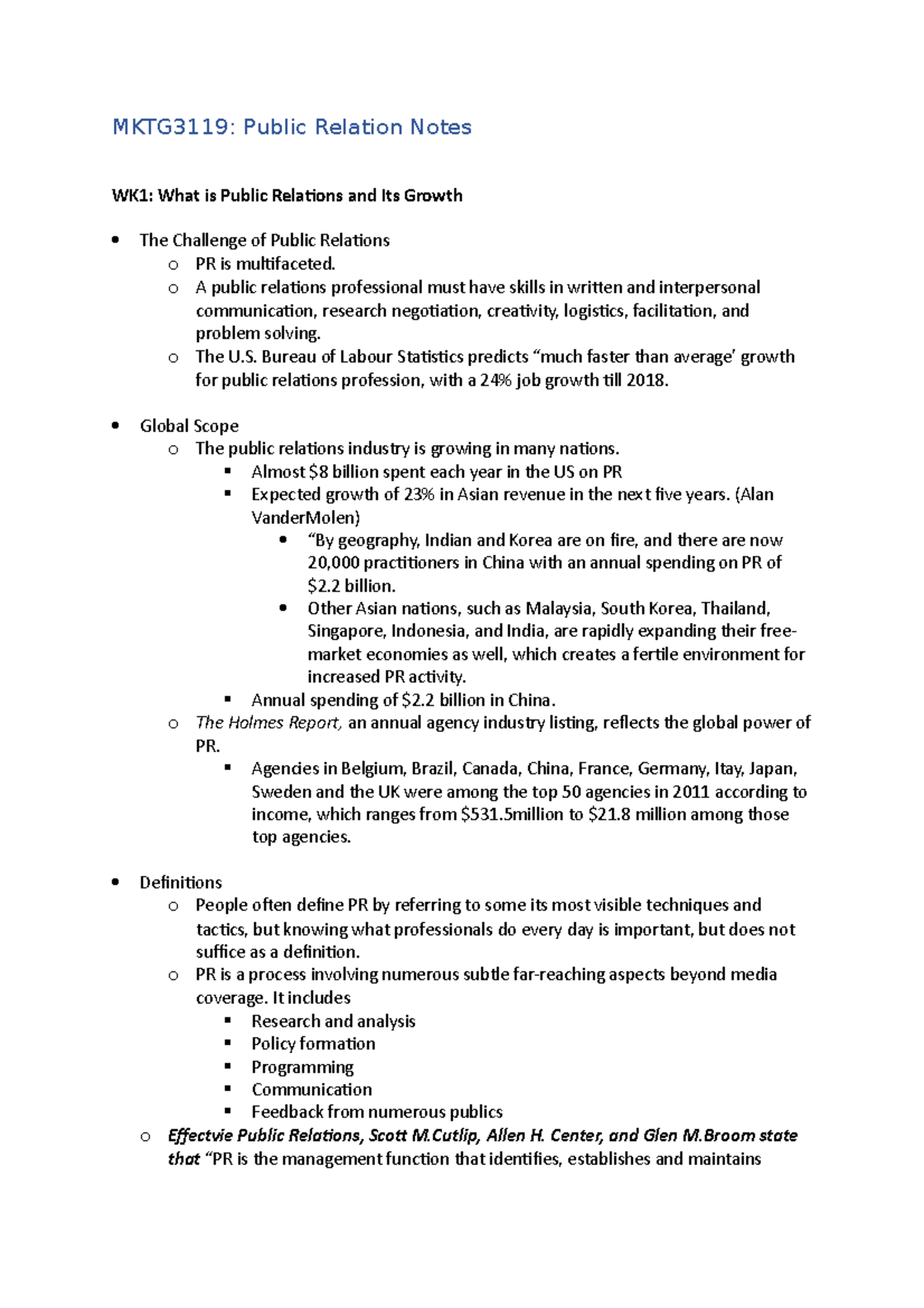MKTG3119 Notes - MKTG3119: Public Relation Notes WK1: What is Public ...