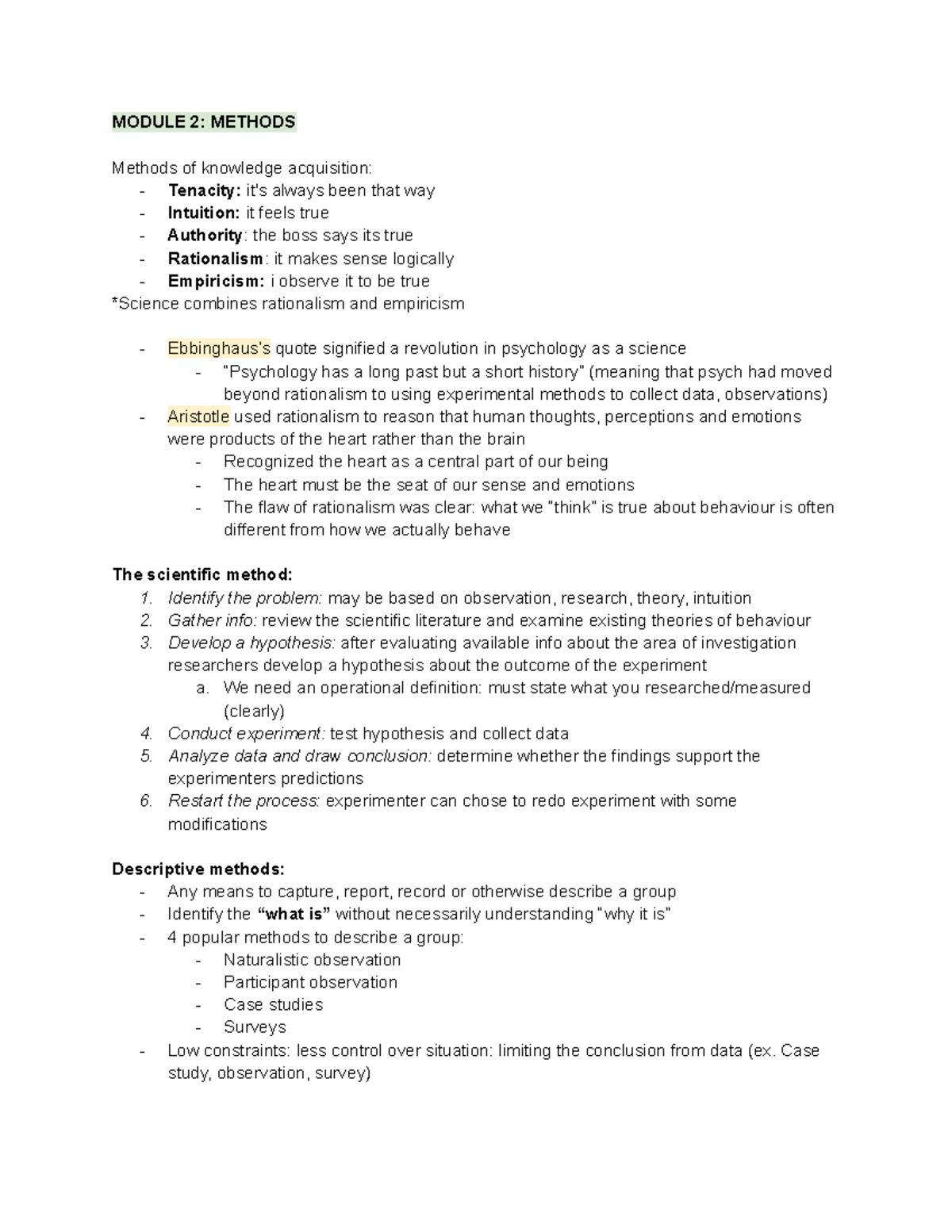 Psych 1101 Final Exam notes - MODULE 2: METHODS Methods of knowledge ...