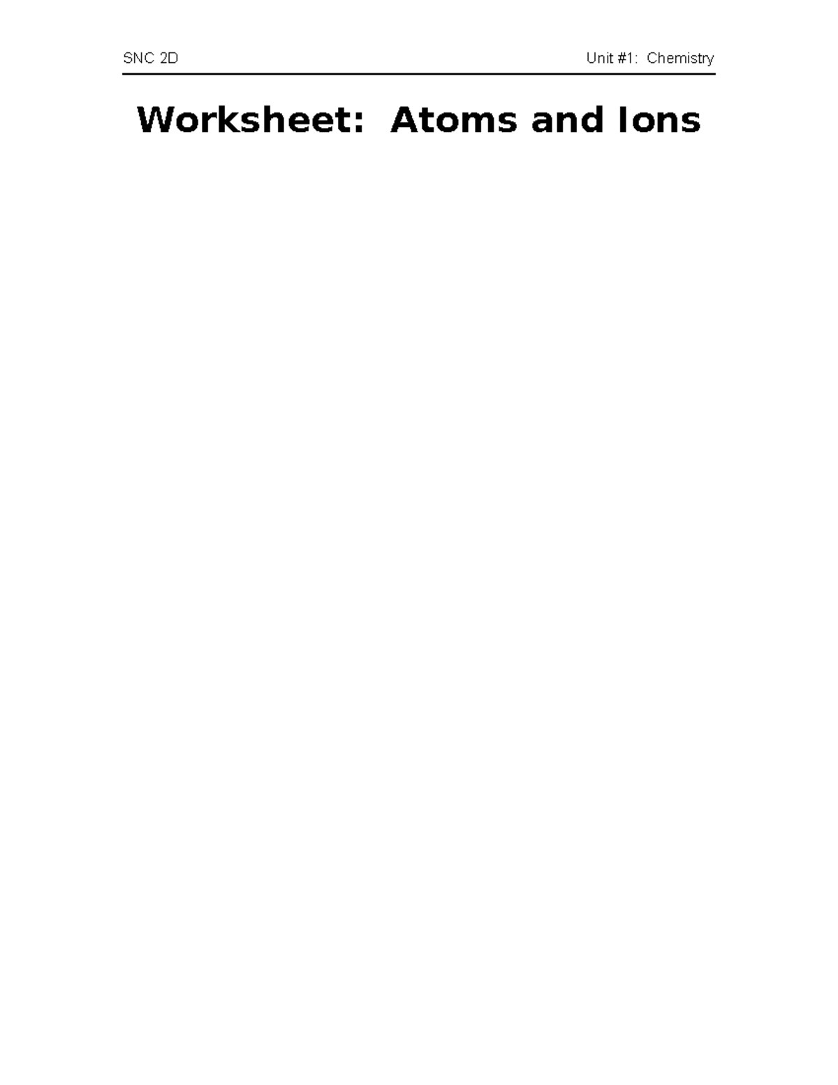 SNC 2D Worksheet Atoms and Molecules - SNC 2D Unit #1: Chemistry ...