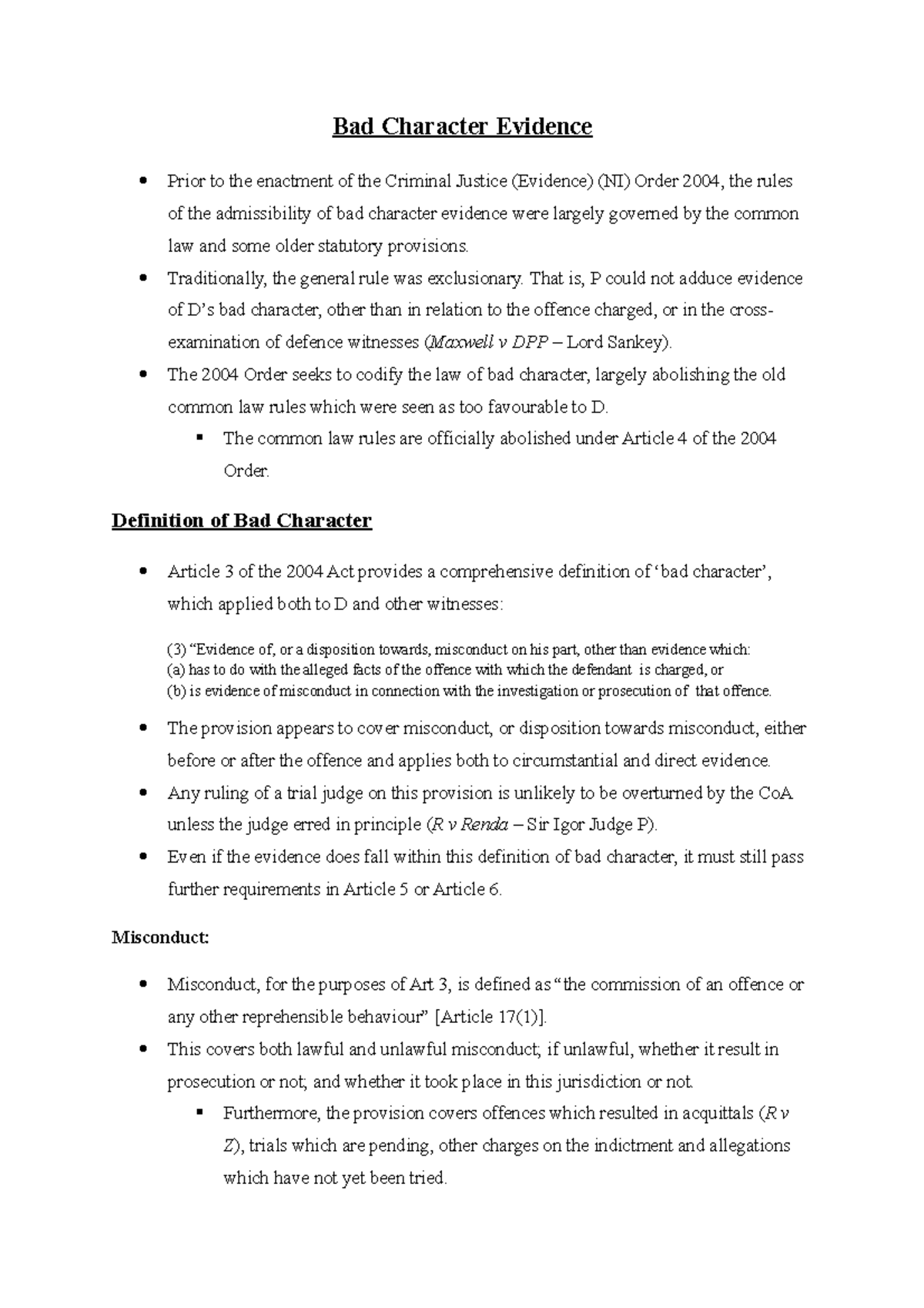 Bad Character Evidence - Traditionally, the general rule was ...