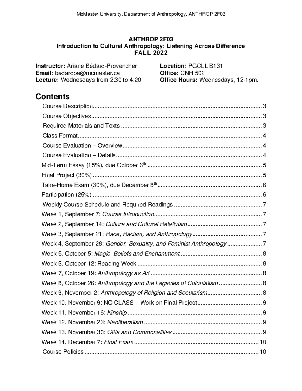 Anthrop 2F03 Fall 2022 - Introduction to Cultural Anthropology ...