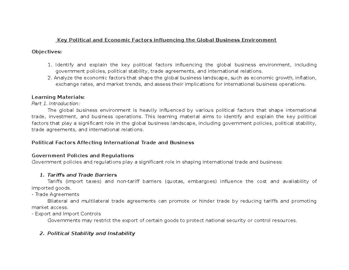 IBT Topic 1 Key Political and Economic Factors Influencing the Global ...