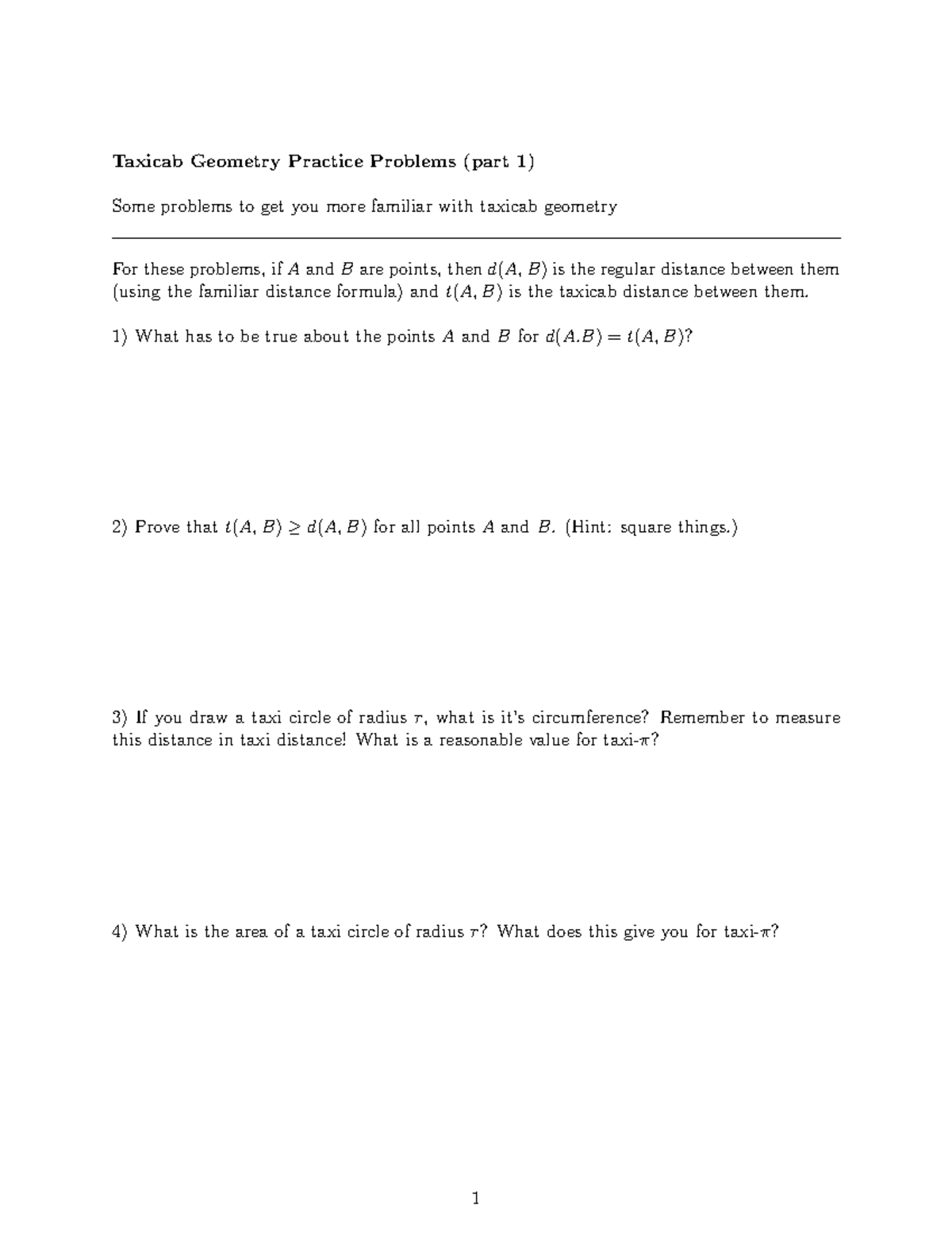 06 Taxicab Geometry problems 1 - Taxicab Geometry Practice Problems ...