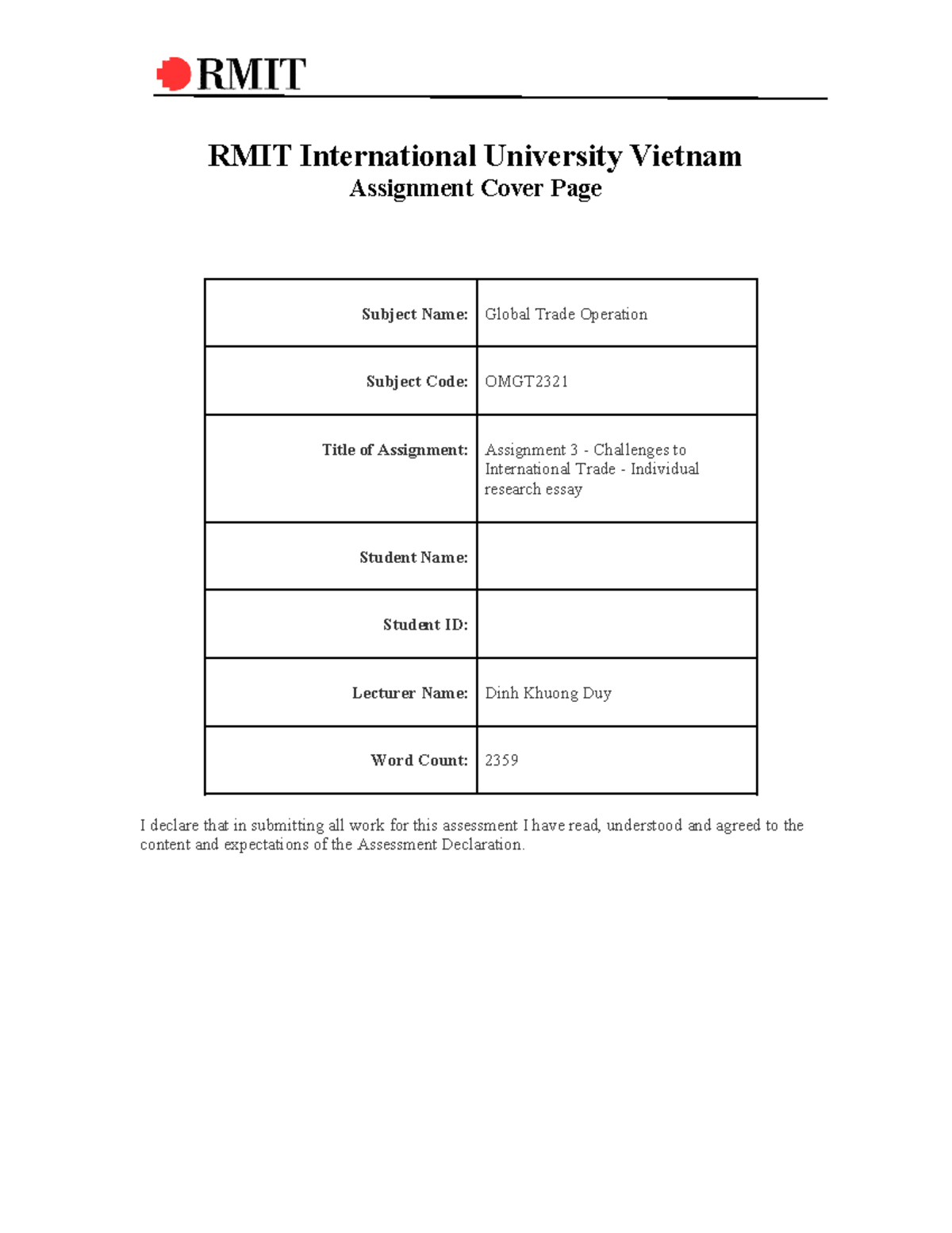 OMGT2321 Assignment 3 - good luck - RMIT International University ...