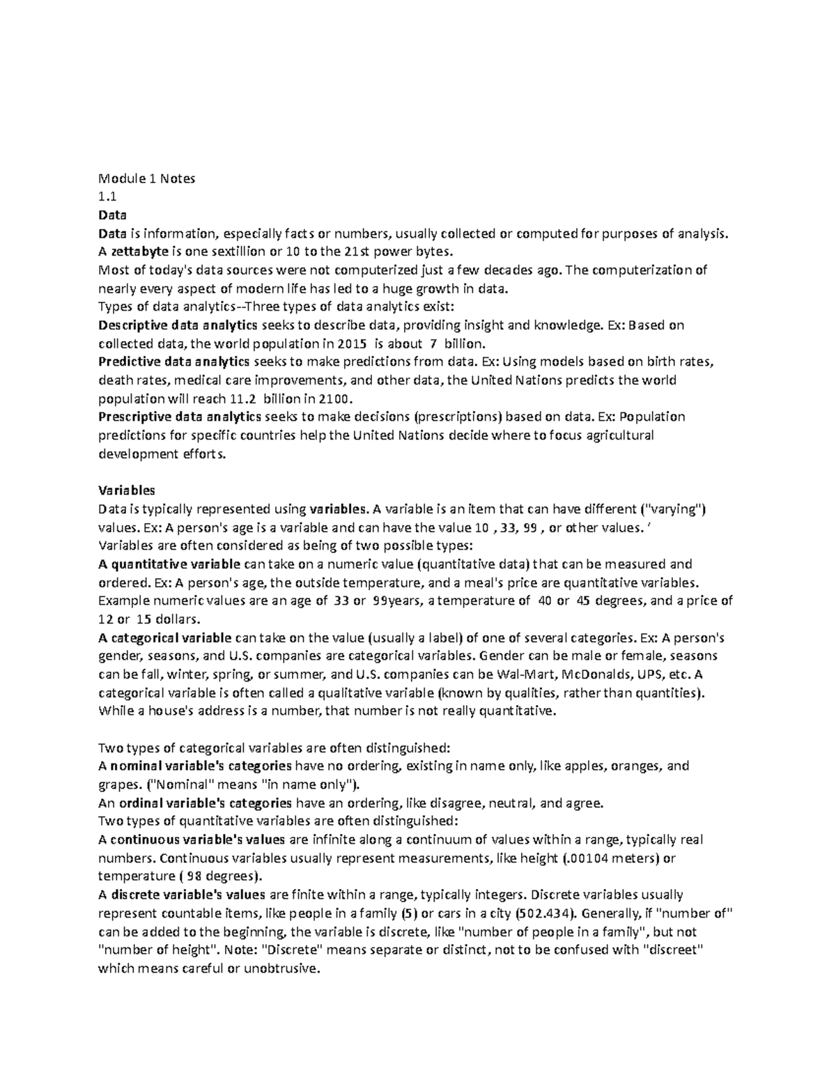 MAT240 Mod 1 Notes - Module 1 Notes 1. Data Data is information ...