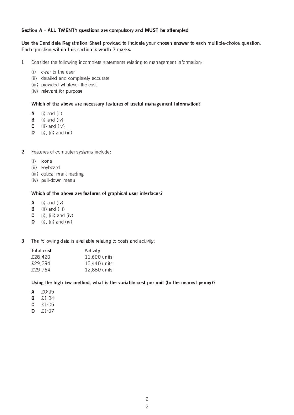 Sample/practice exam 1 January 2020, questions - Section A – ALL TWENTY ...
