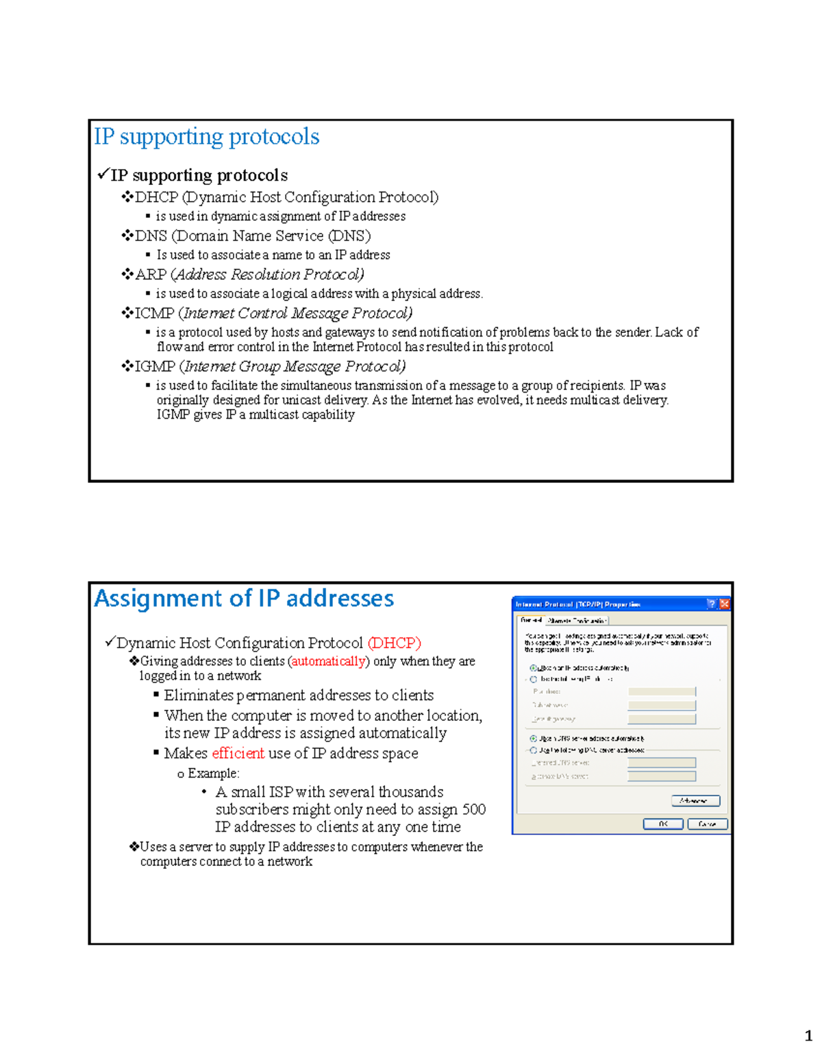 C439 Lecture 10 - Slides - IP supporting protocols IP supporting protocols DHCP (Dynamic Host ...