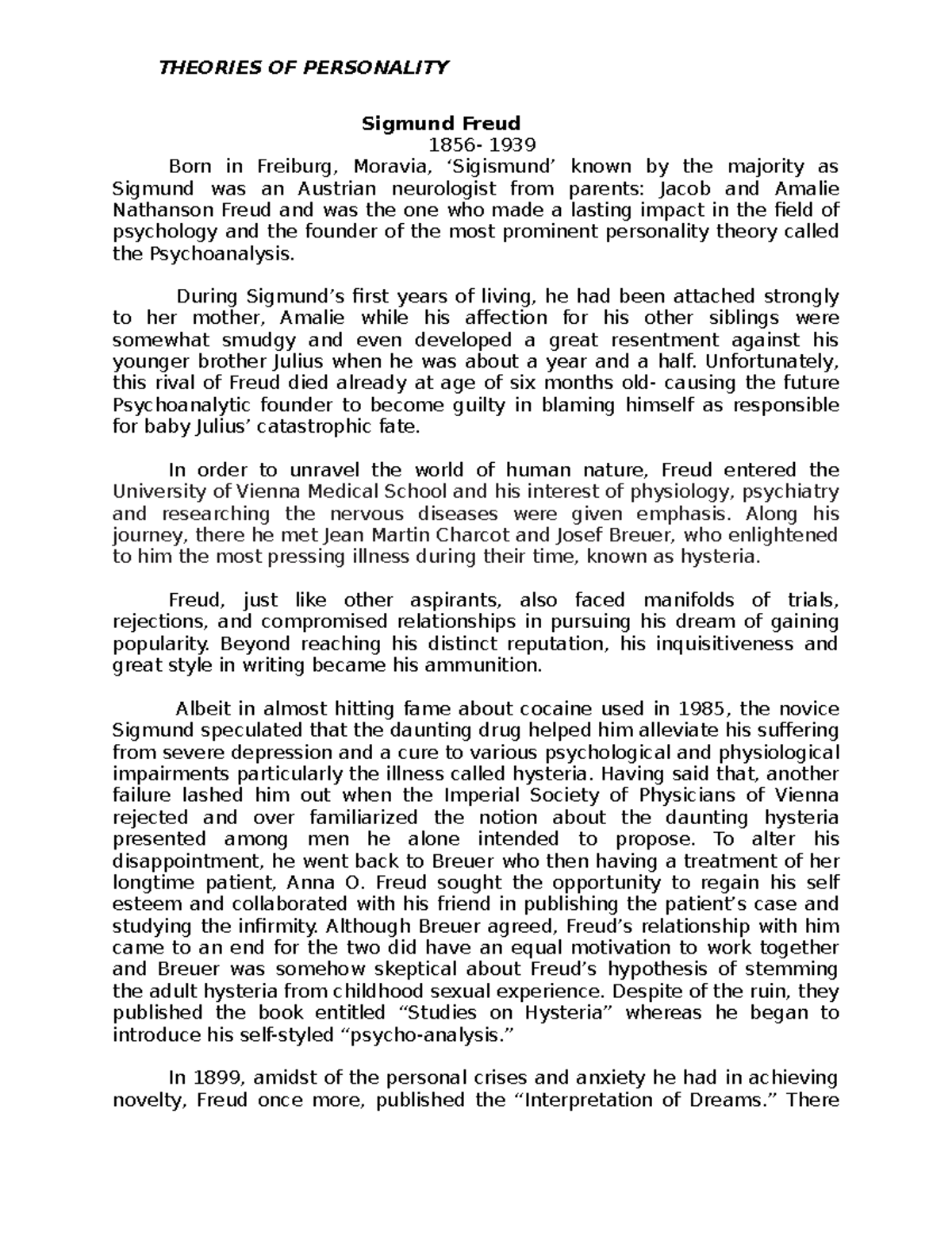 Sigmund-Freud - Grade: B+ - THEORIES OF PERSONALITY Sigmund Freud 1856 ...