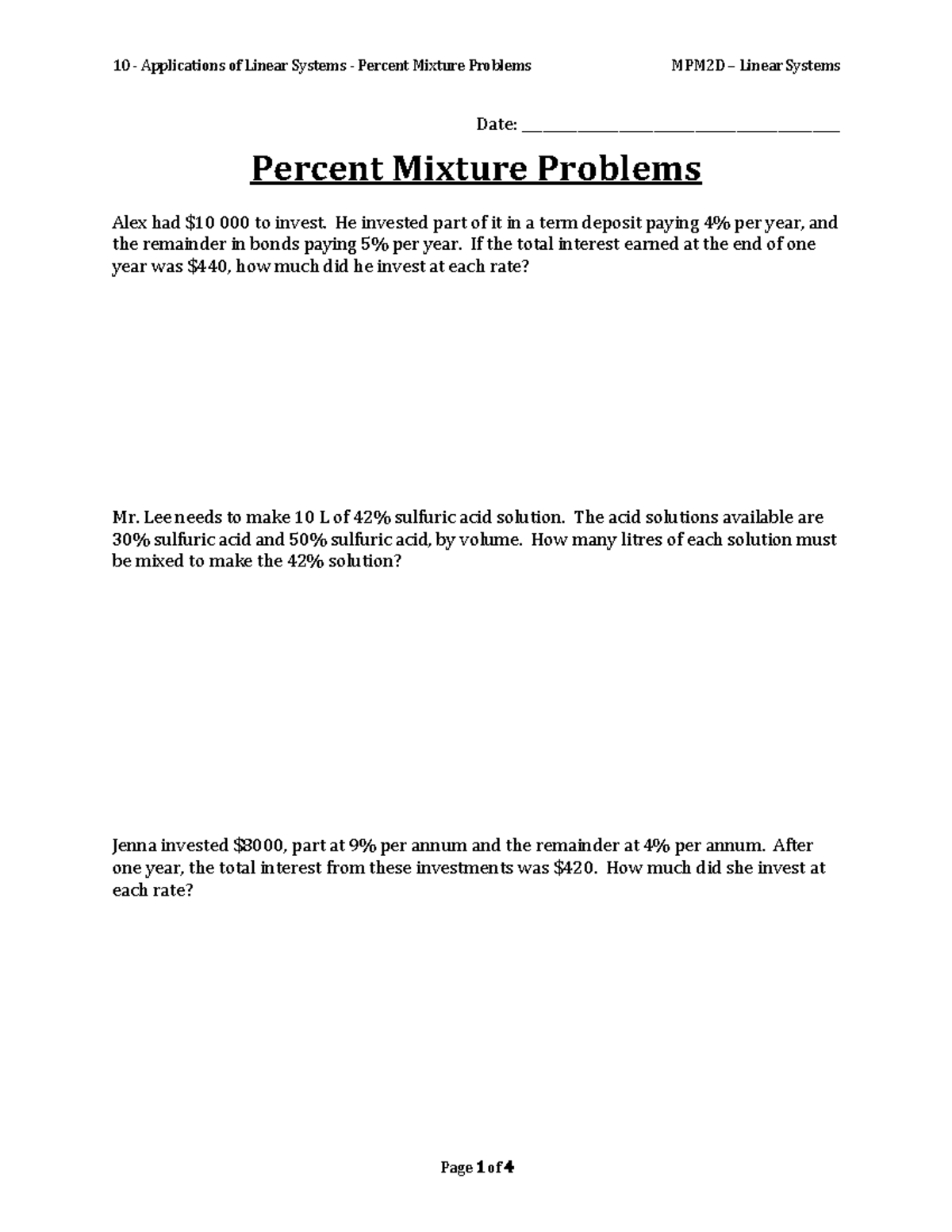 10 - Applications of Linear Systems - Percent Mixture Problems - Date ...