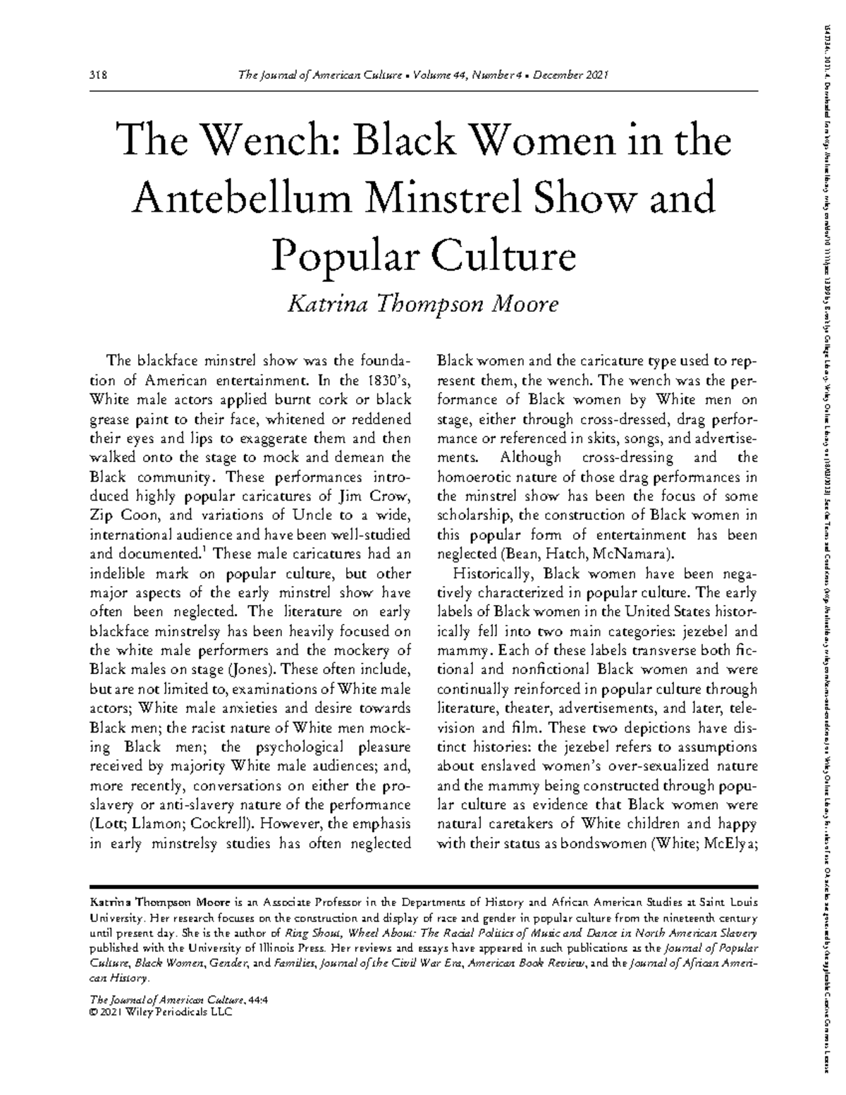 The Wench: Black Women in the Antebellum Minstrel Show and Popular ...