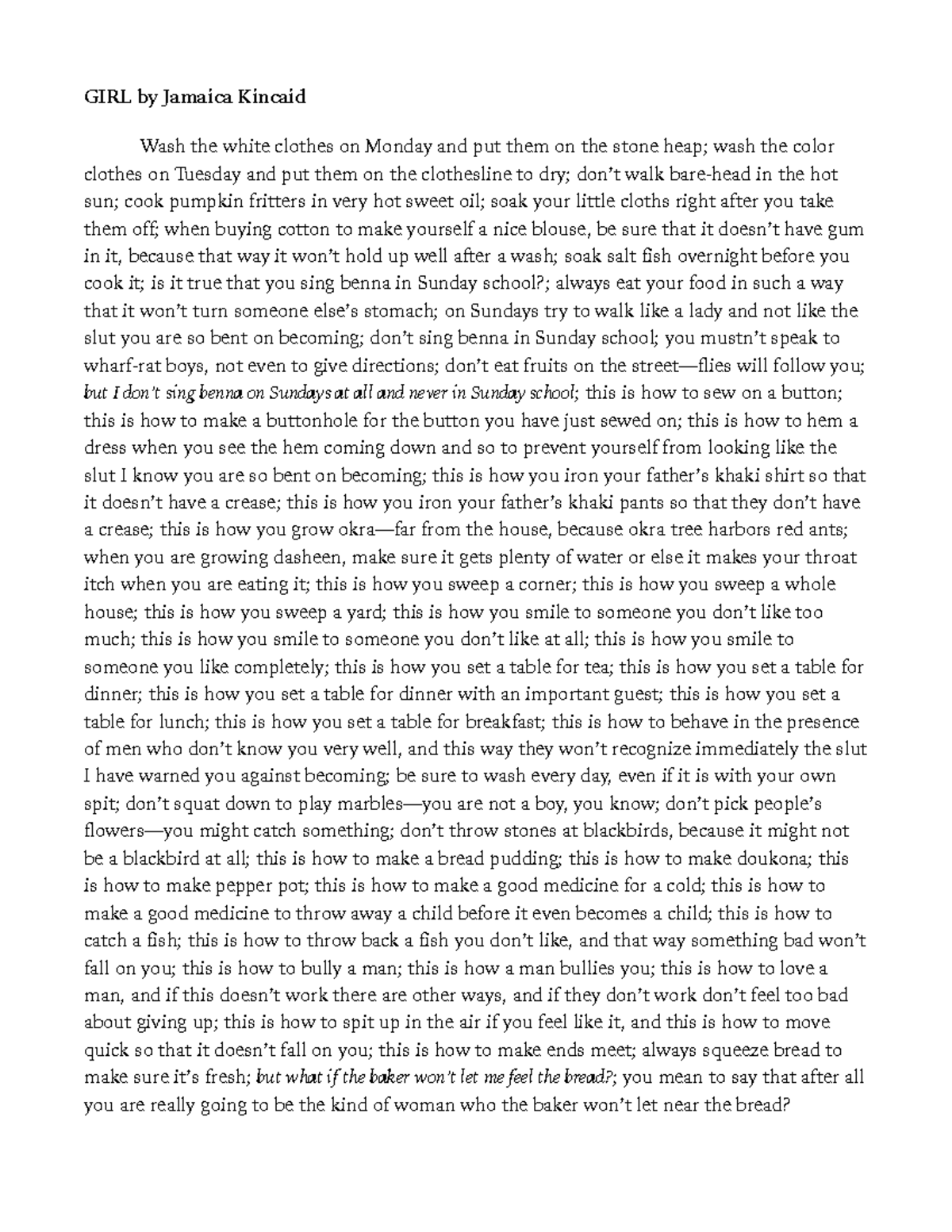 Girl Jamaica Kincaid-1 - GIRL by Jamaica Kincaid Wash the white clothes ...