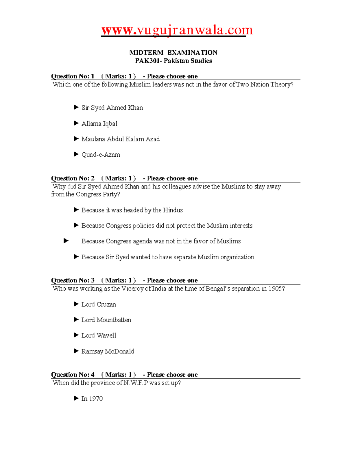 Pak301 Midterm Latest Paper Midterm Examination Pak301 Pakistan