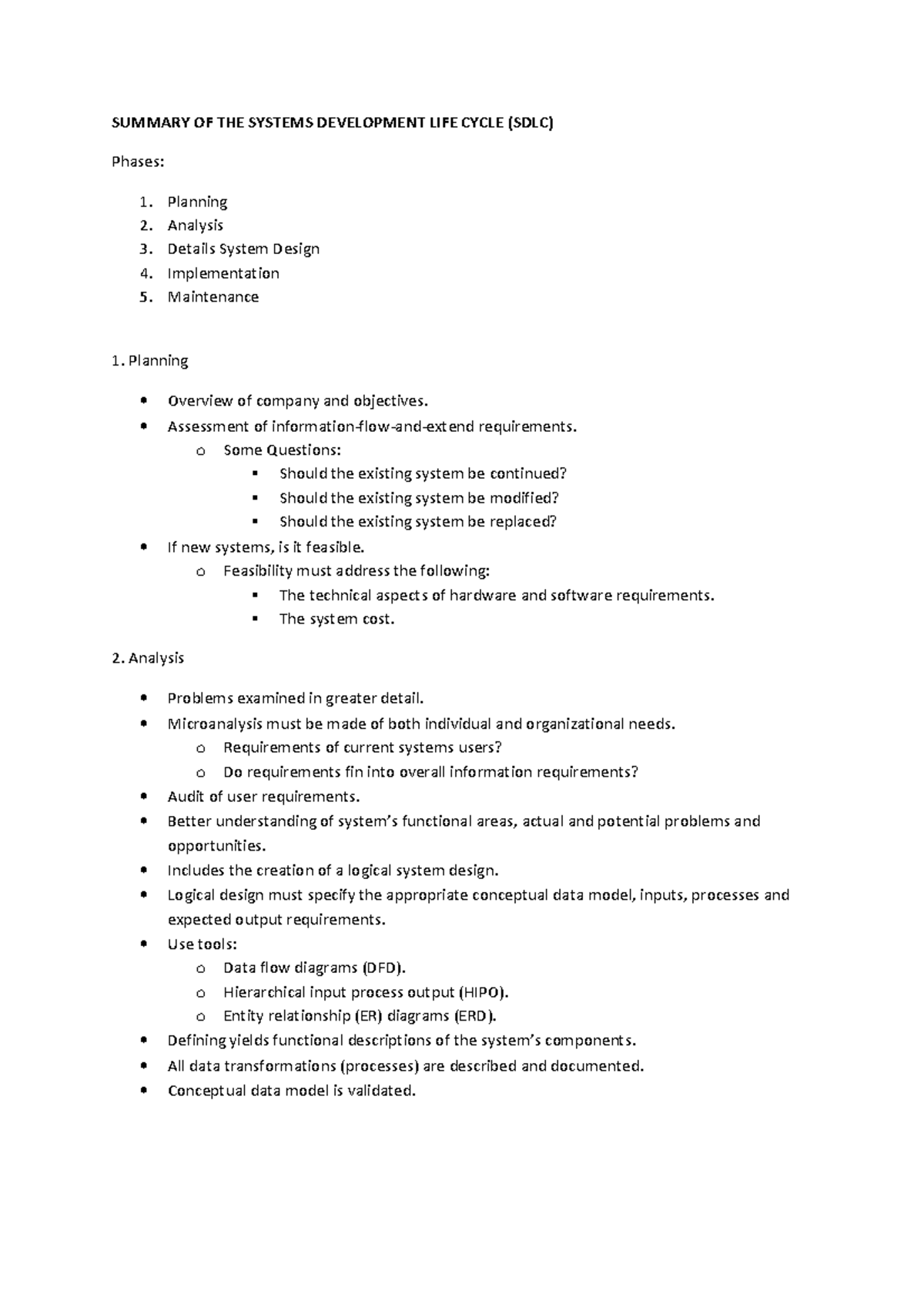 SDLC+DBLC+Summary - SUMMARY OF THE SYSTEMS DEVELOPMENT LIFE CYCLE (SDLC) Phases: Planning ...