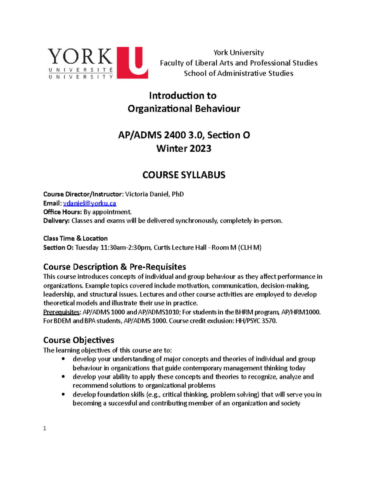Course Outline ADMS 2400 Section O W23 - ADMS 2400 - Yorku - Studocu