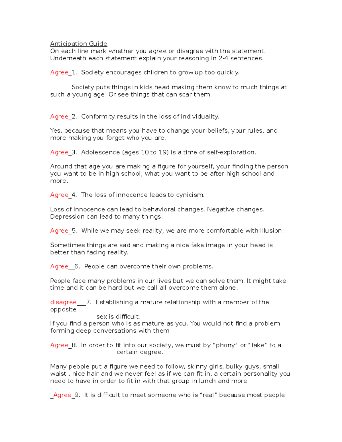 Anticipation Guide A - A opinion based assignment about life as a child ...